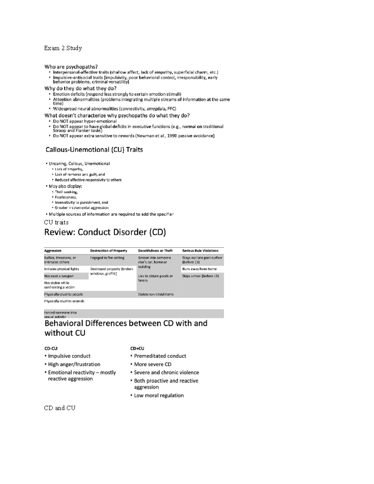 Exam 2 Study - Exam 2 Study CU traits CD and CU Gender; delinquency ...