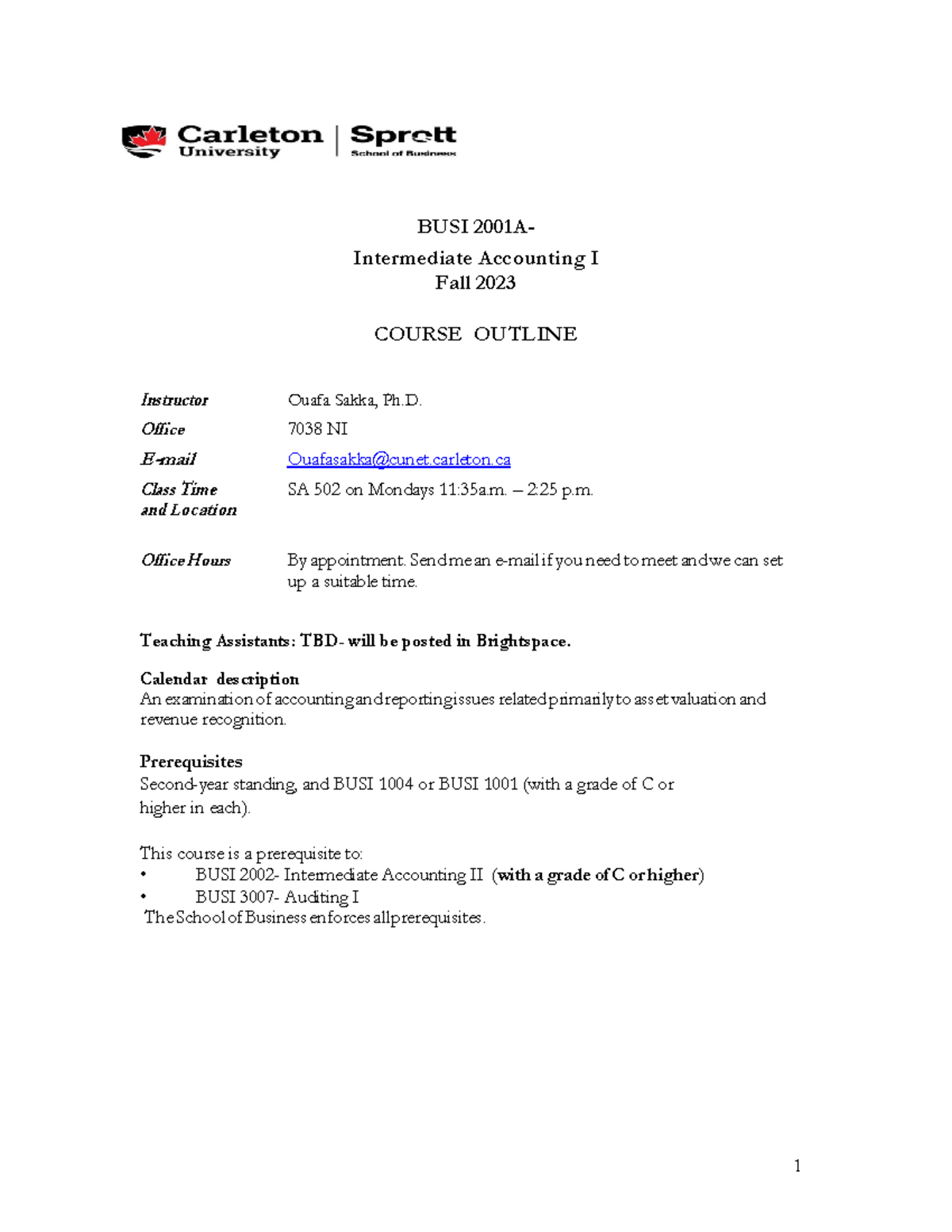 BUSI2001 A-O - Course outline - Busi 2001 - Carleton - Studocu