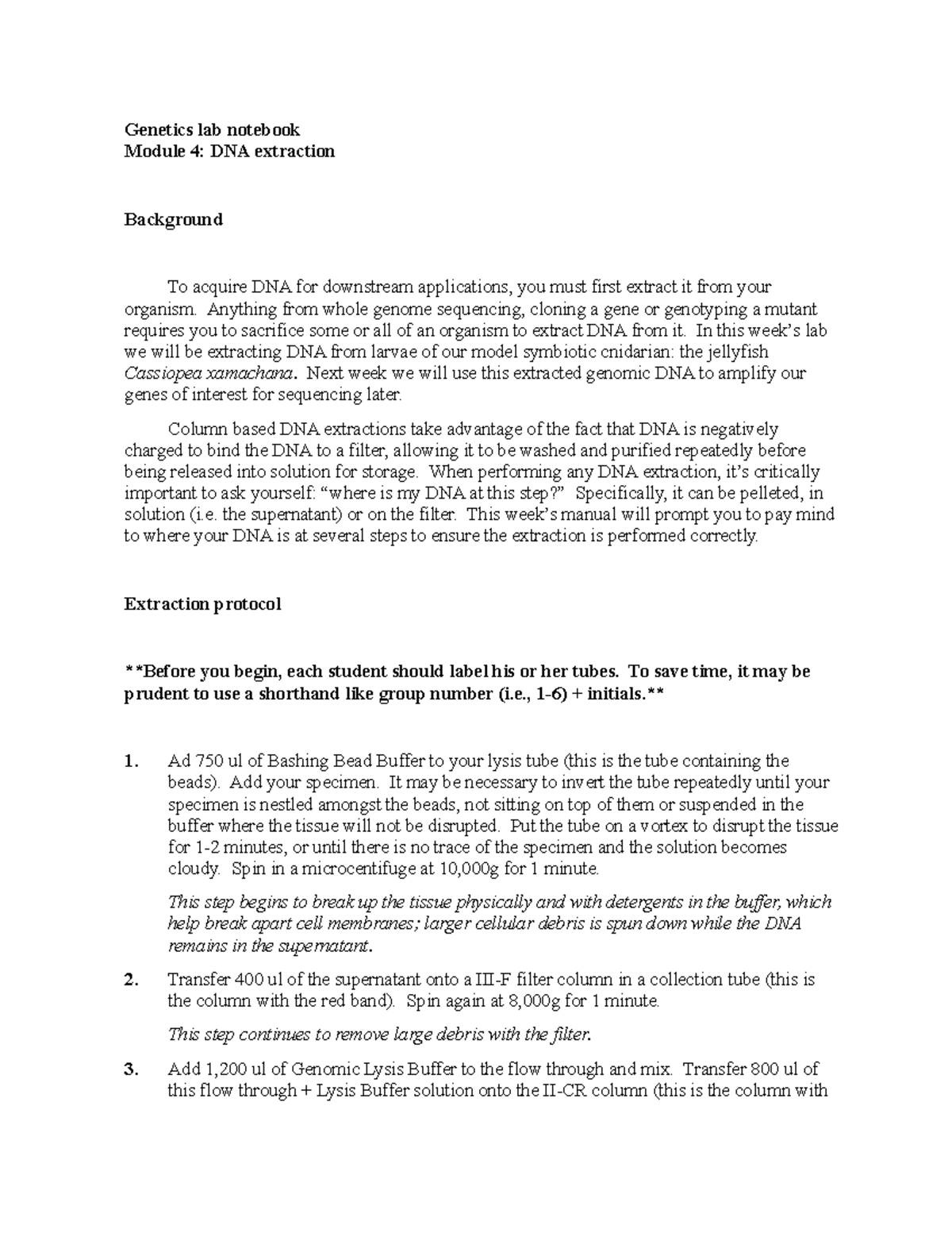 Module 4 Lab notebook - DNA extraction - Genetics lab notebook Module 4: DNA extraction ...