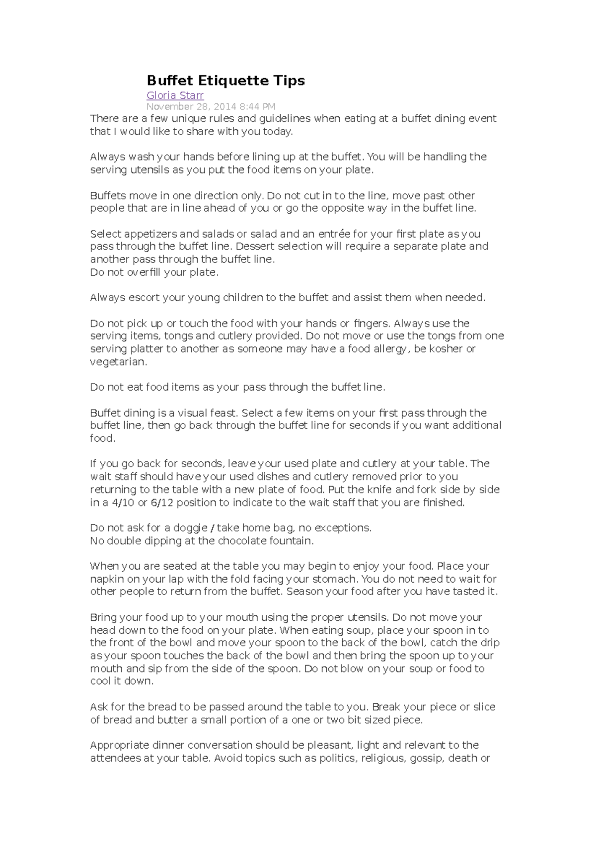 Buffet Etiquette Tips - Buffet Etiquette Tips Gloria Starr November 28 ...