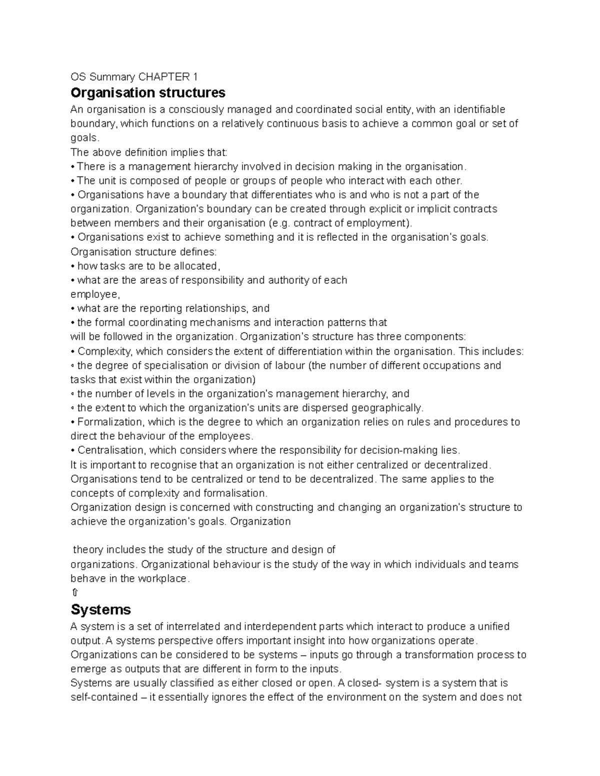 Os summary - OS Summary CHAPTER 1 Organisation structures An ...