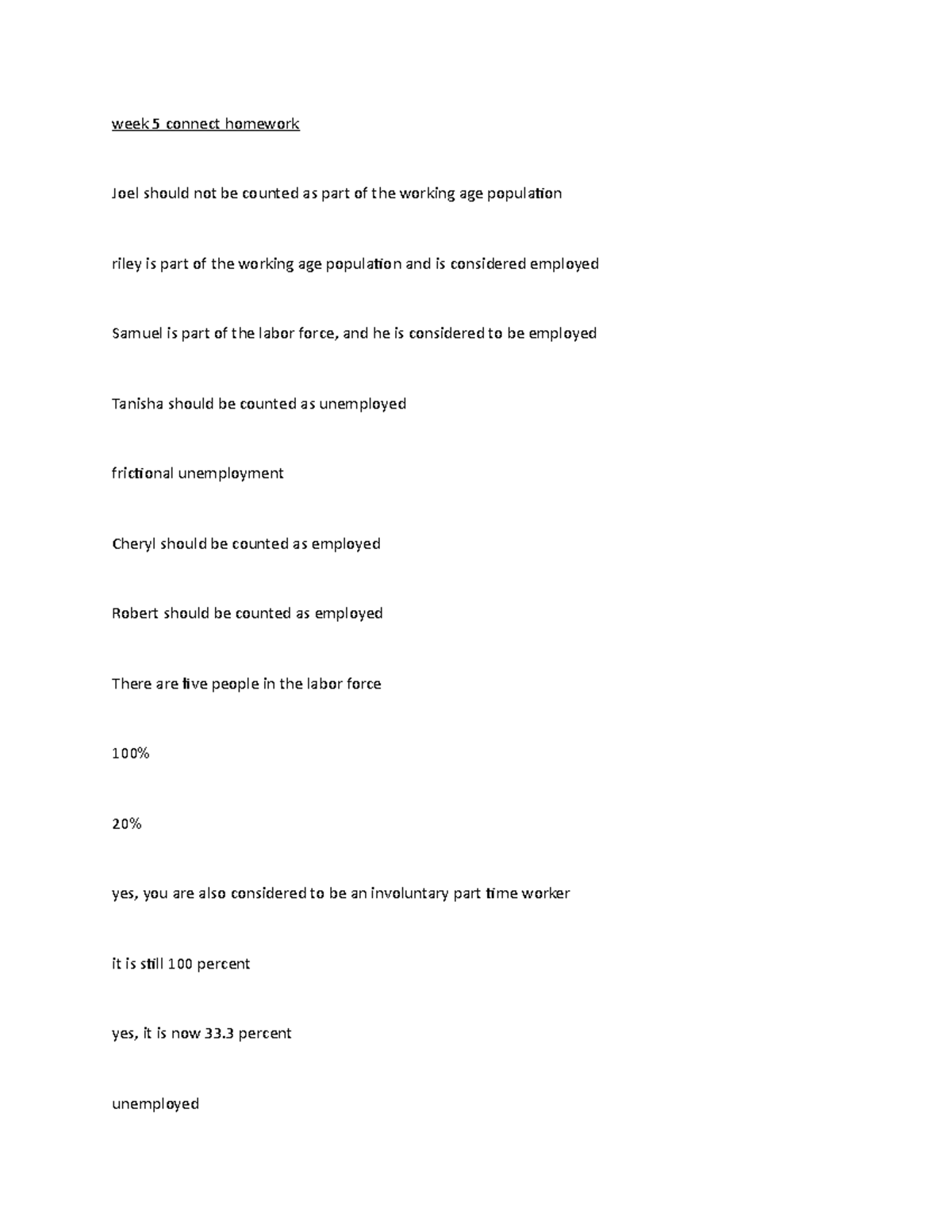 Week 5 - notes - week 5 connect homework Joel should not be counted as ...