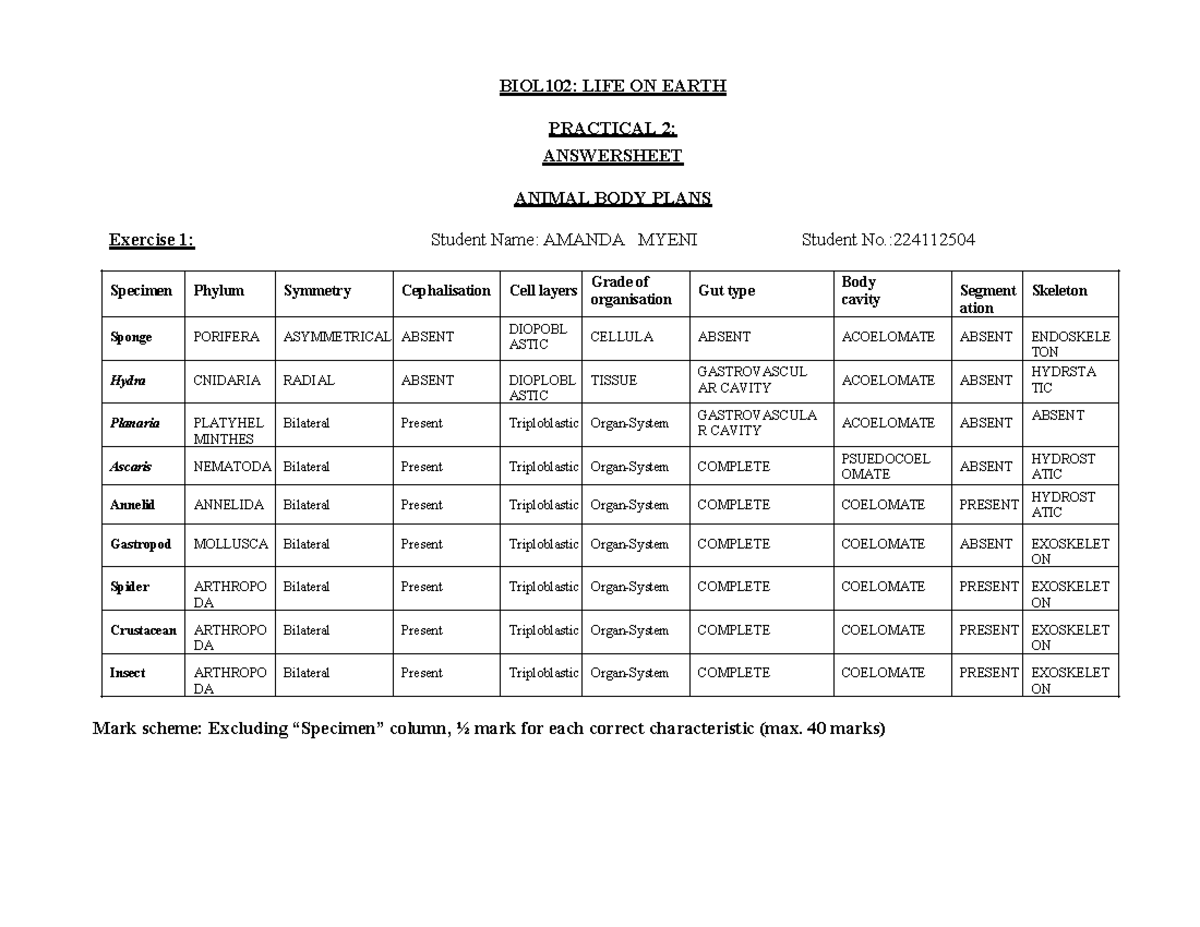 Practical 2 Answer Sheet - BIOL102: LIFE ON EARTH PRACTICAL 2 ...