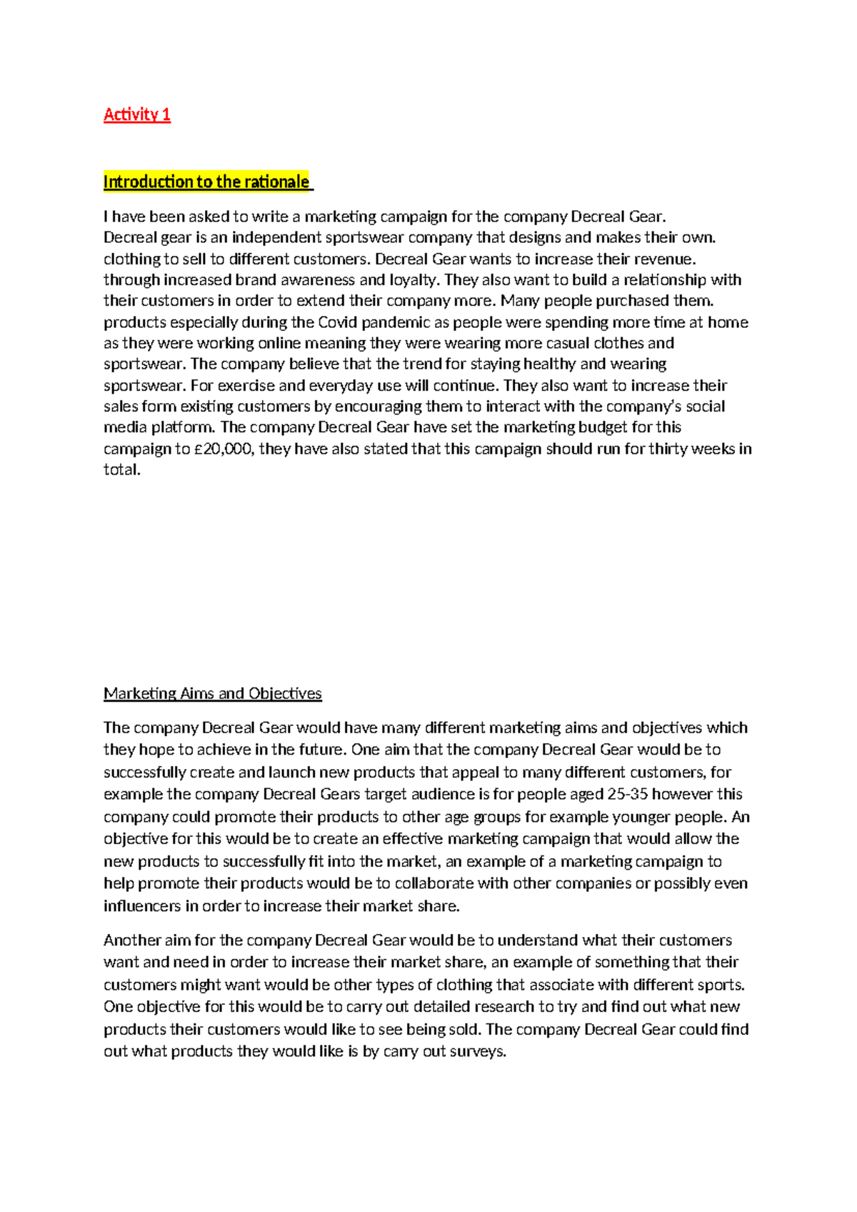 Activity 1 decreal gear - Activity 1 Introduction to the rationale I ...