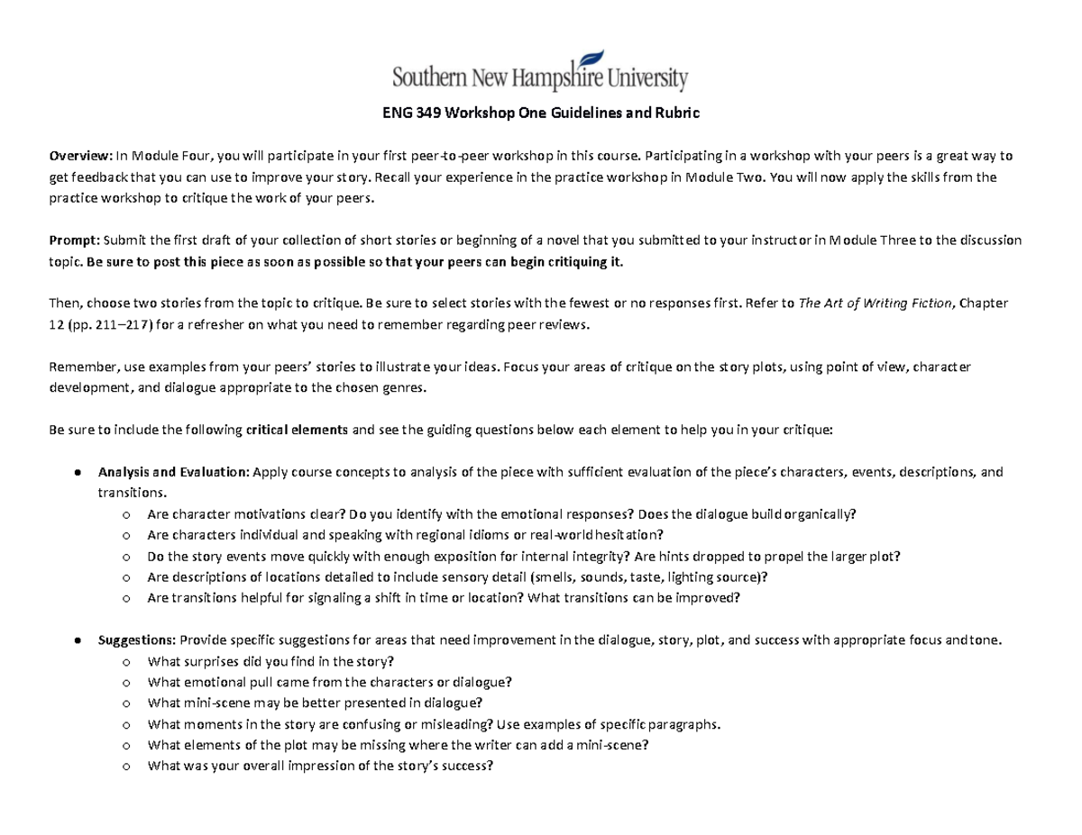 ENG 349 Workshop One Guidelines and Rubric - Participating in a ...