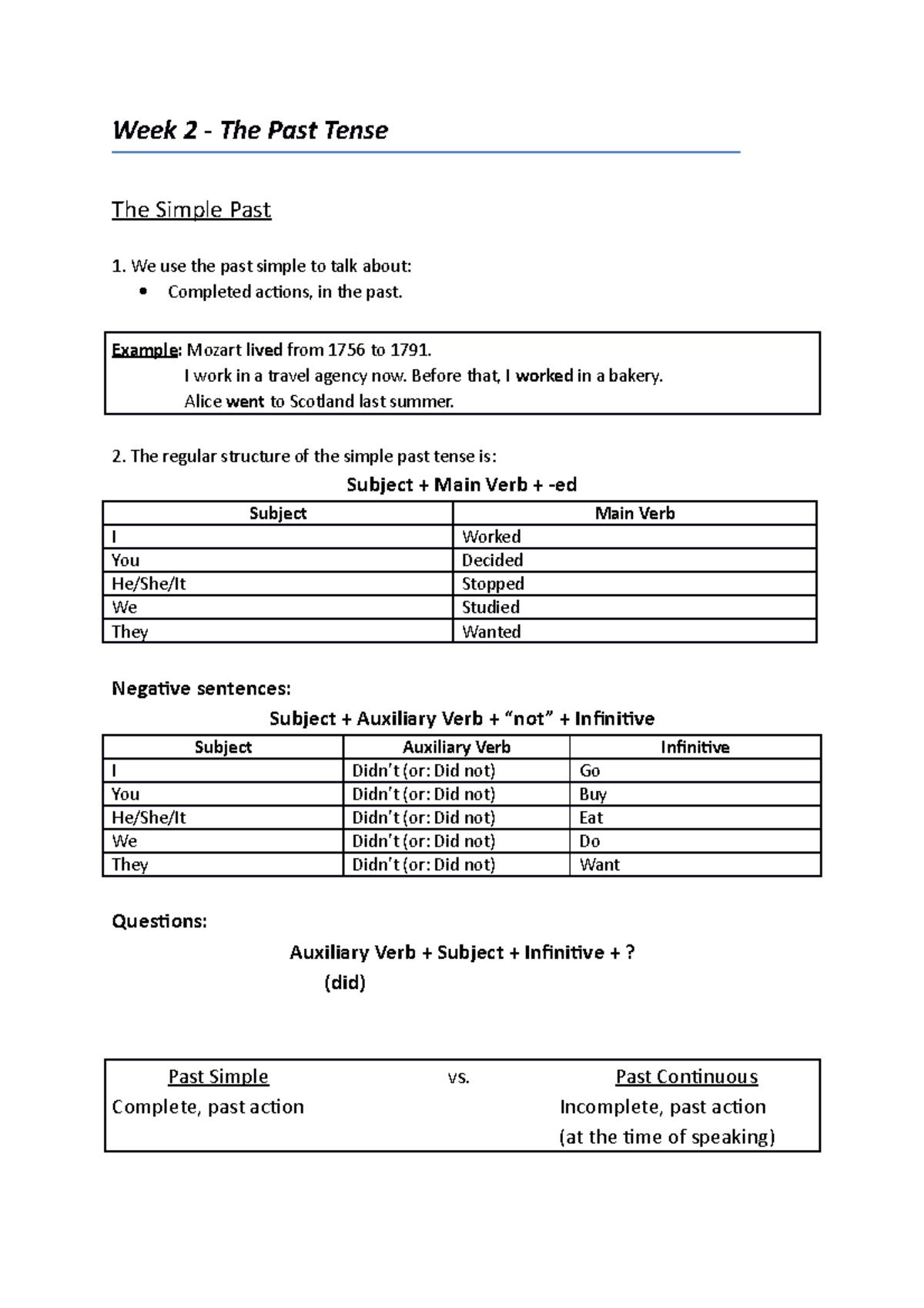 The Past Tense - Notes de cours week1 - Week 2 - The Past Tense The ...