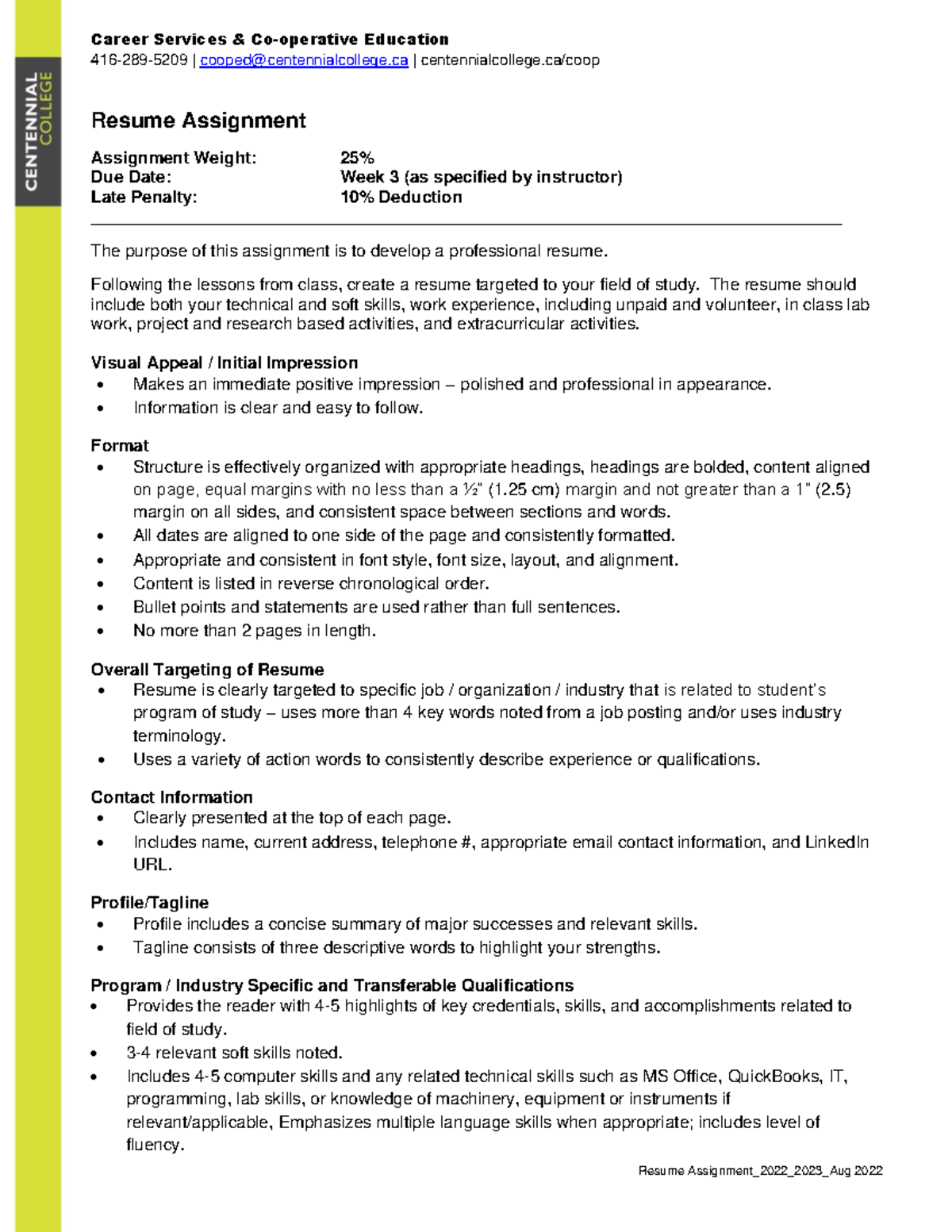 Resume Assignment 2022 2023 - Career Services & Co-operative Education ...