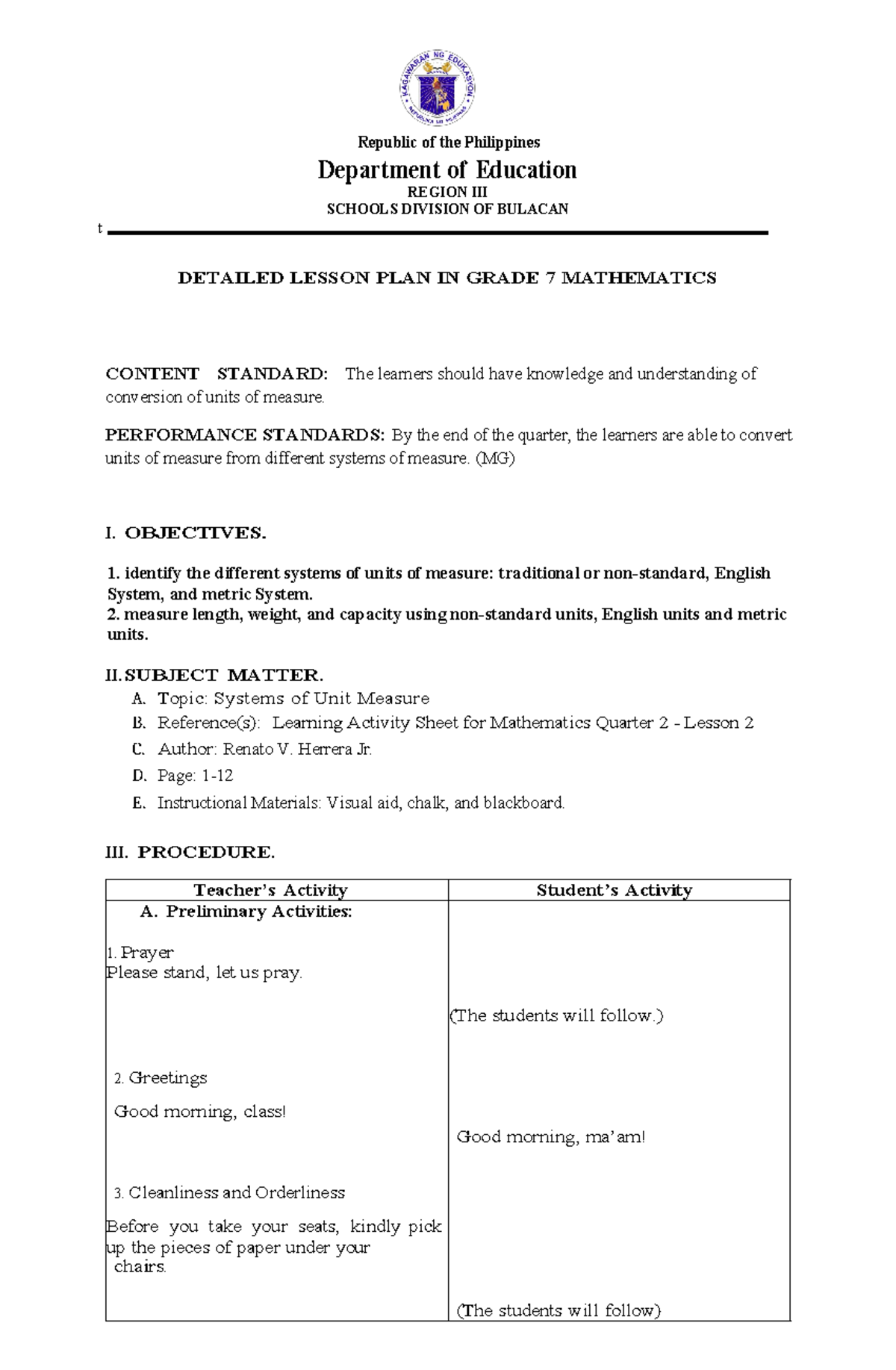 DLP Math 7 - Conversion of units - Department of Education REGION III ...