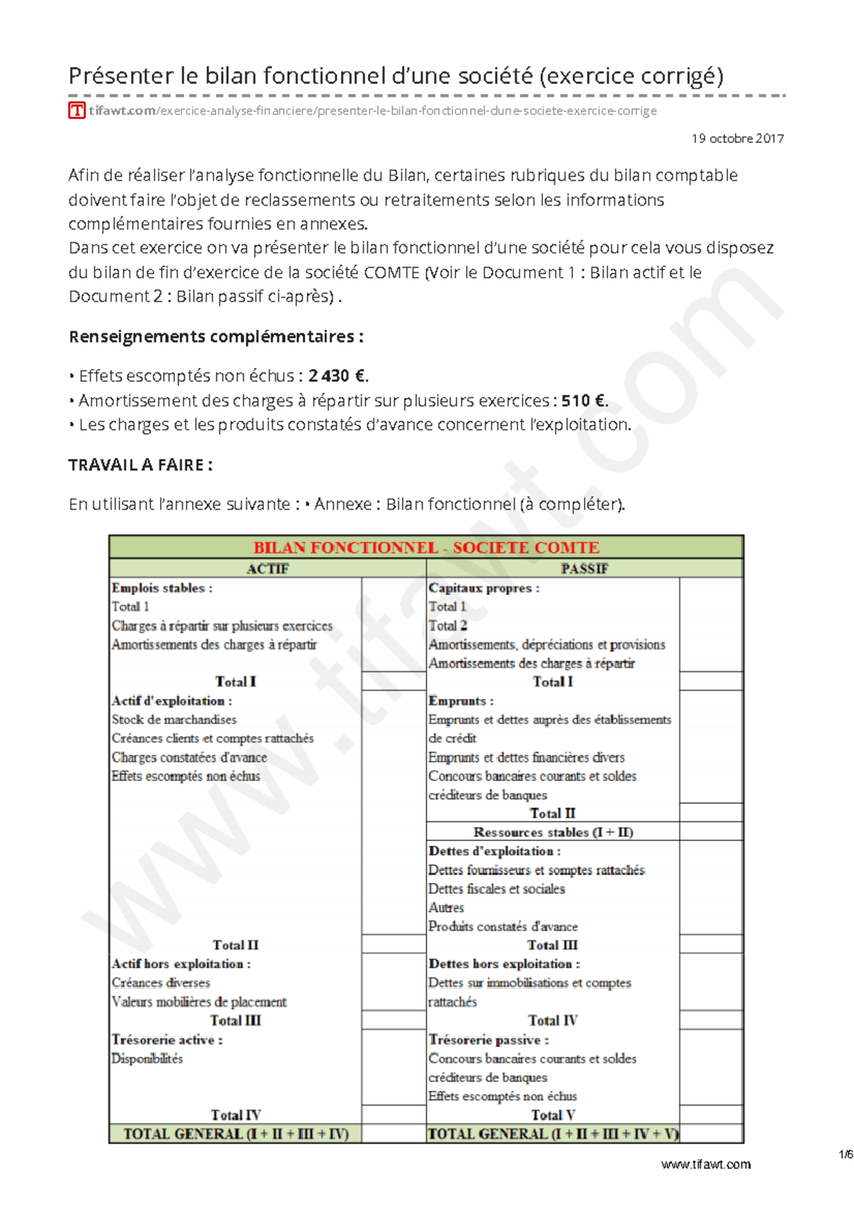 Analyse financière ESG/TFR - 19 octobre 2017 Présenter le bilan ...