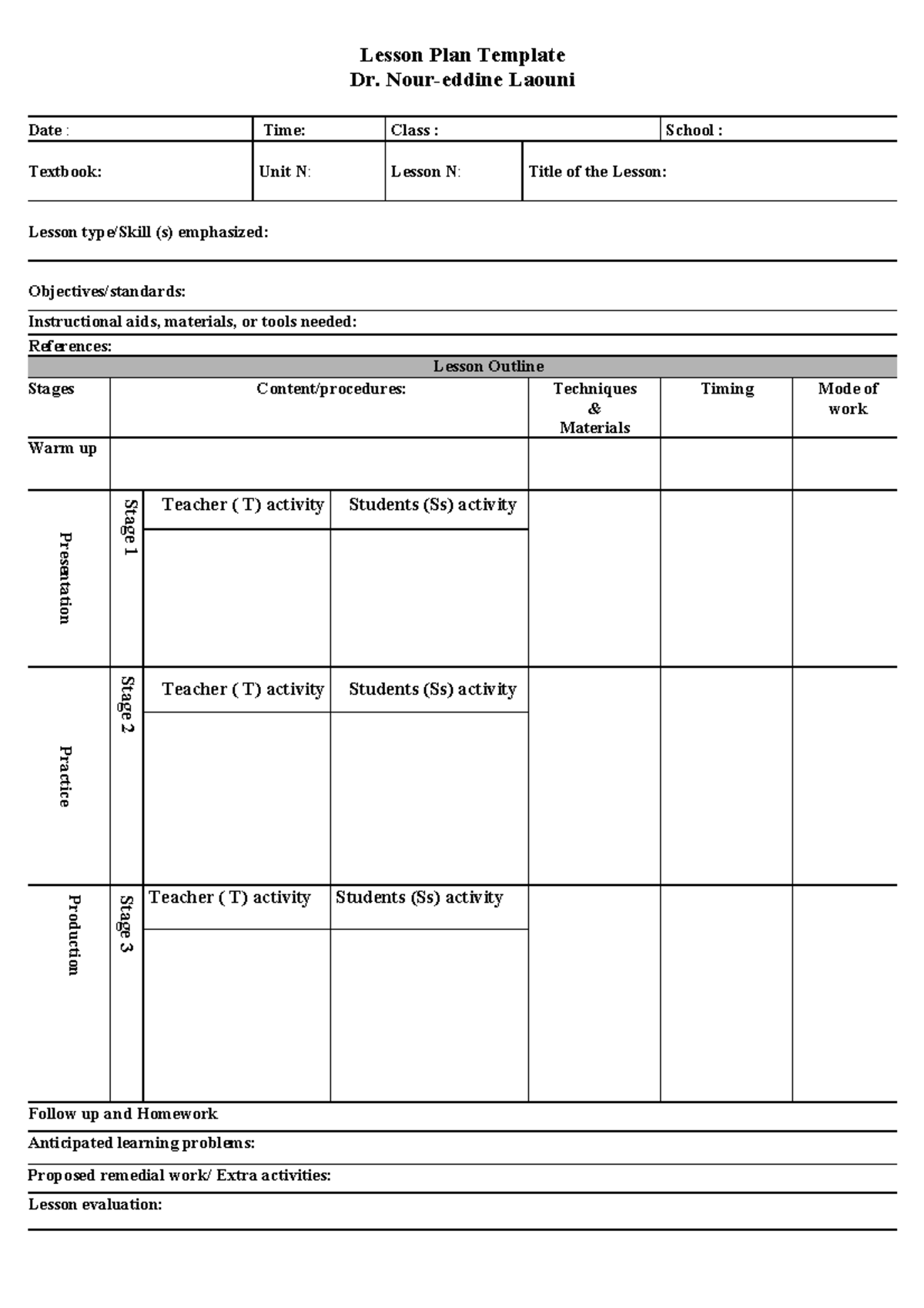 Lesson Plan Template - Nour-eddine Laouni Date : Time: Class : School ...