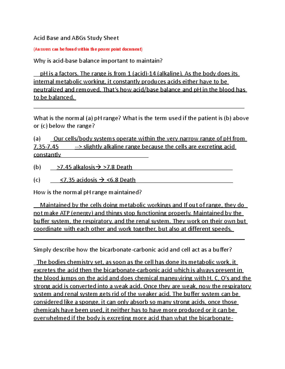 Acid Base and ABGs study sheet - Acid Base and ABGs Study Sheet (Answers can be found within the ...