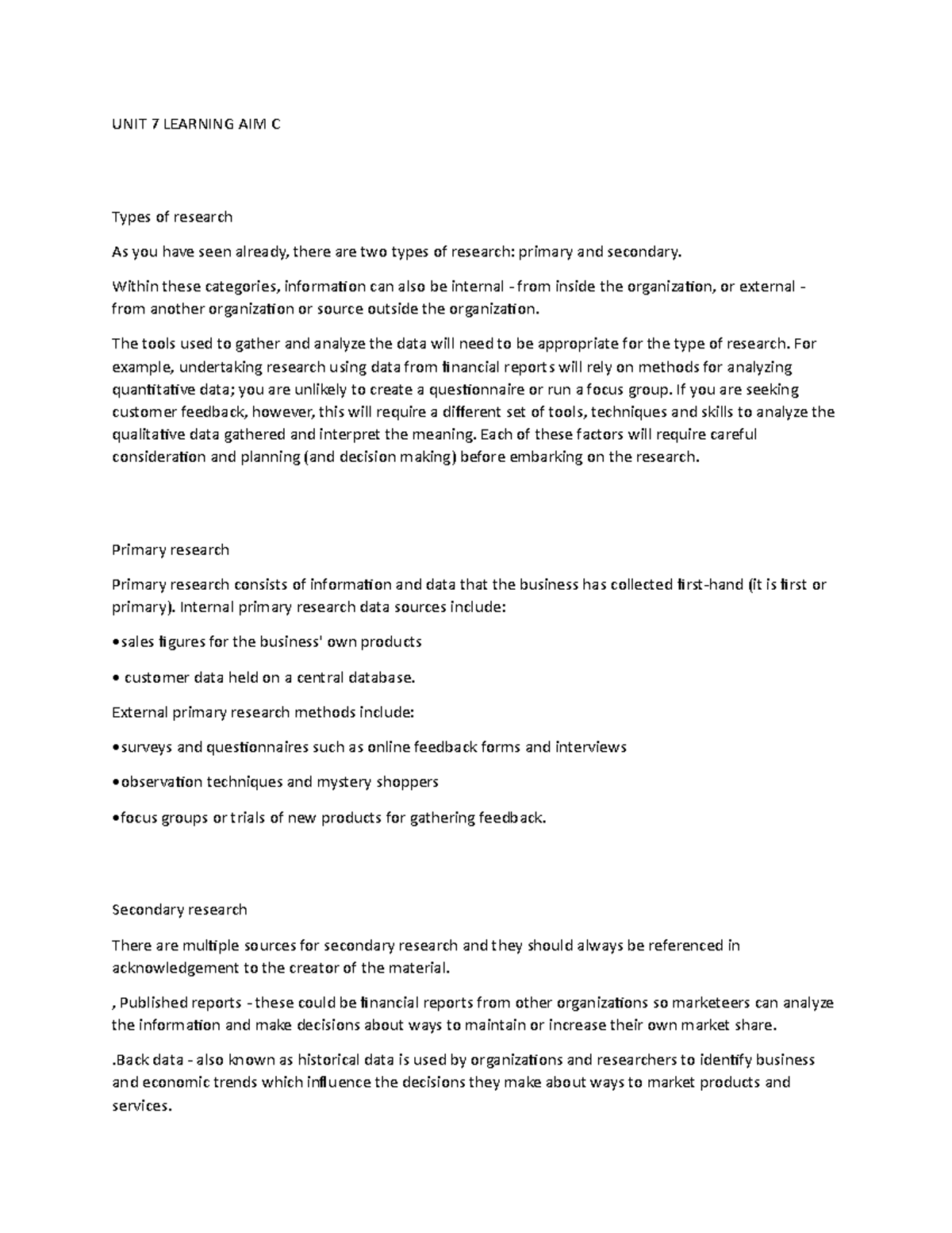 Pearson BTEC National Business Unit 7 Learning Aim C - UNIT 7 LEARNING ...