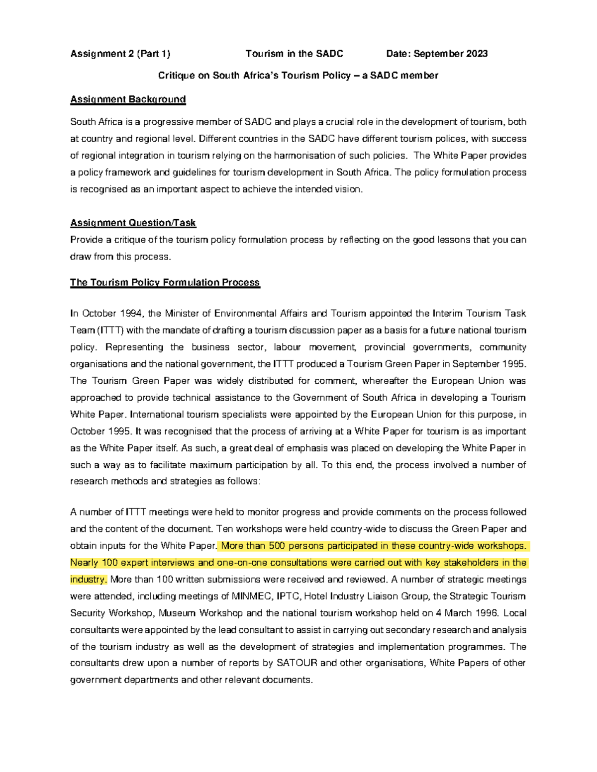 HTOD324 Assignment 2 Part 1 September 2023 Final - Assignment 2 (Part 1) Tourism in the SADC ...