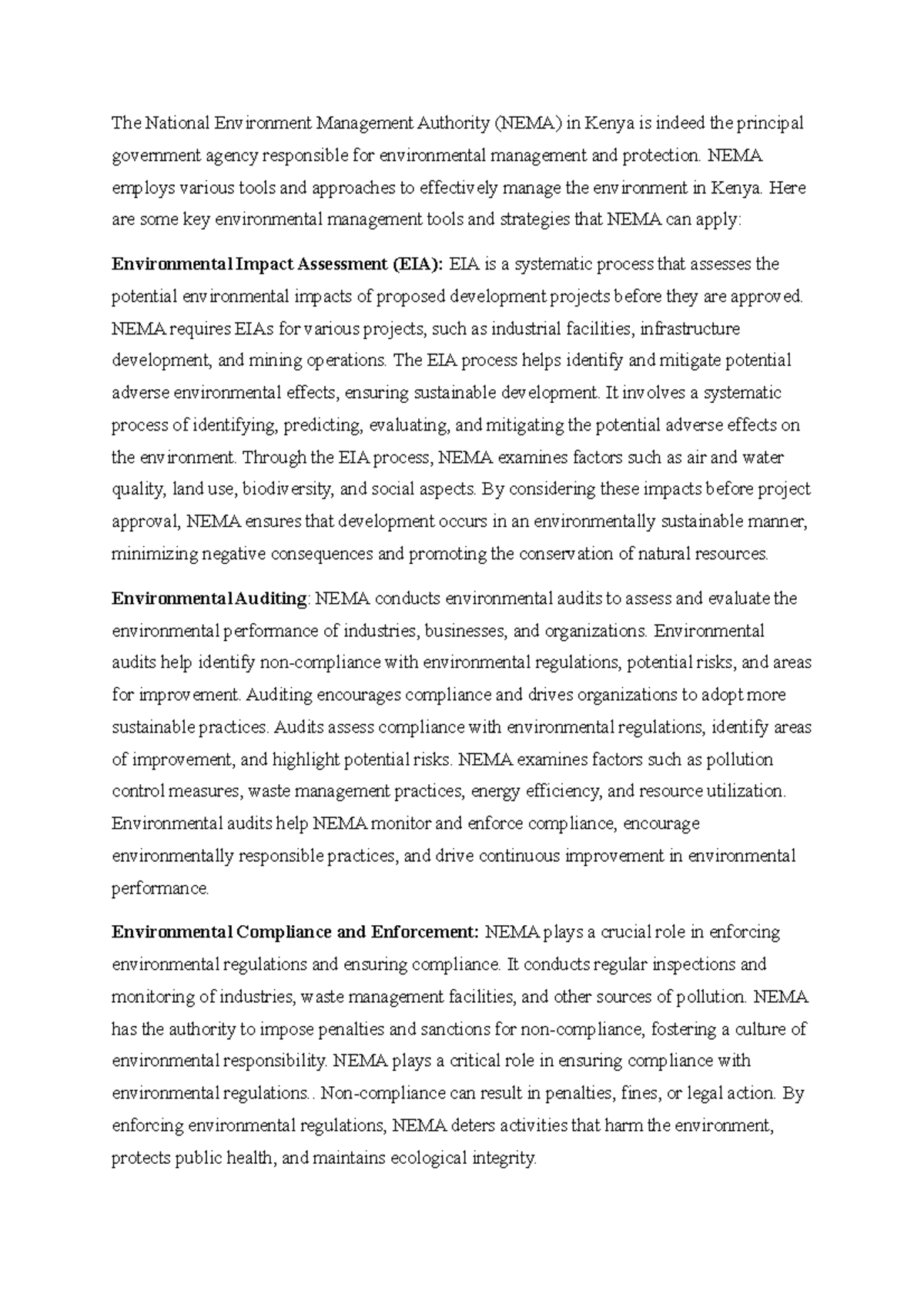 The National Environment Management Authority - NEMA employs various ...