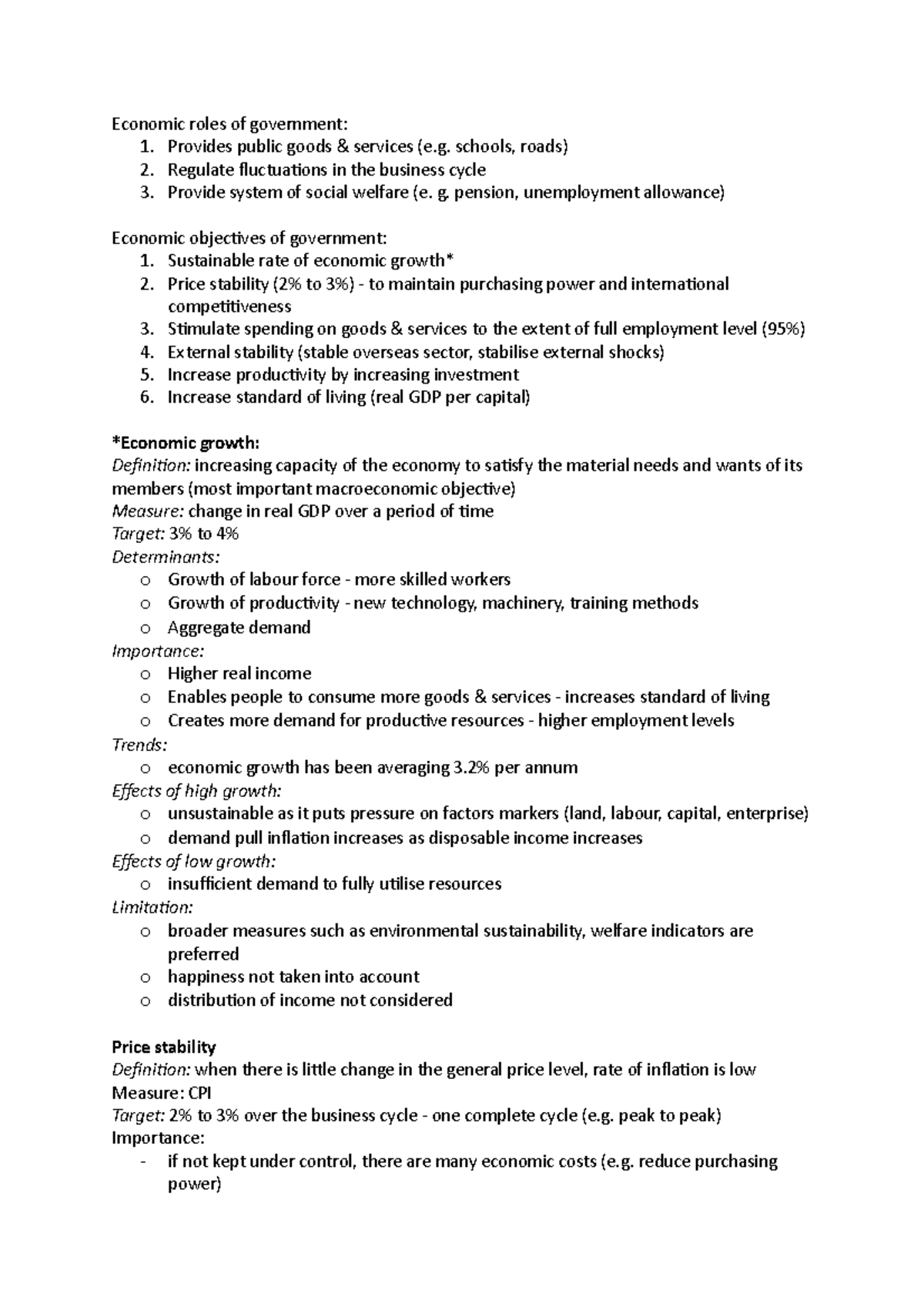 Economic Objectives - Summary Notes - Economic roles of government: 1 ...
