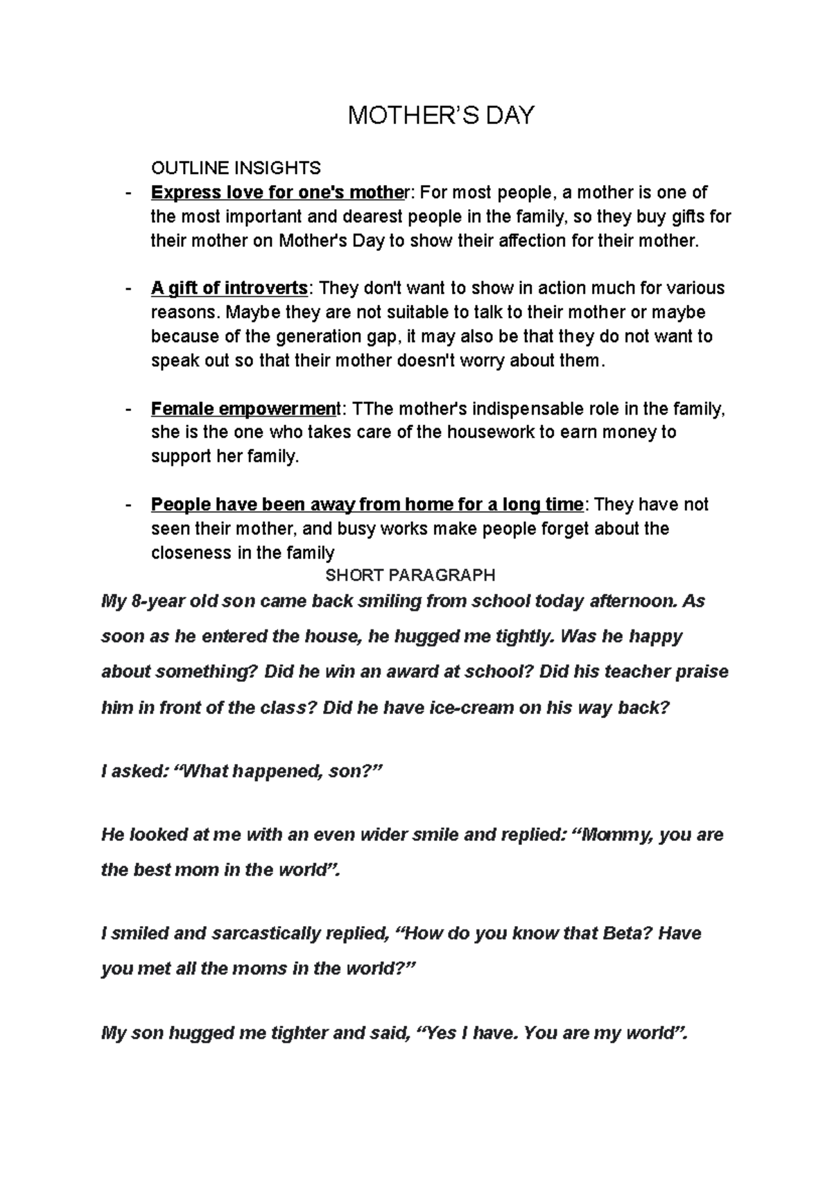 Mother’S DAY - tốt - MOTHER’S DAY OUTLINE INSIGHTS Express love for one ...