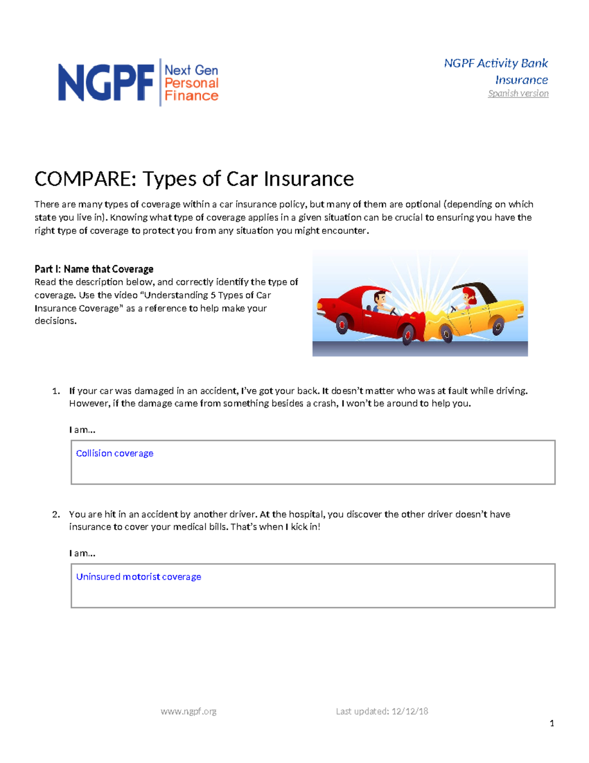 Copy of Compare Types of Car Insurance - NGPF Activity Bank Insurance ...