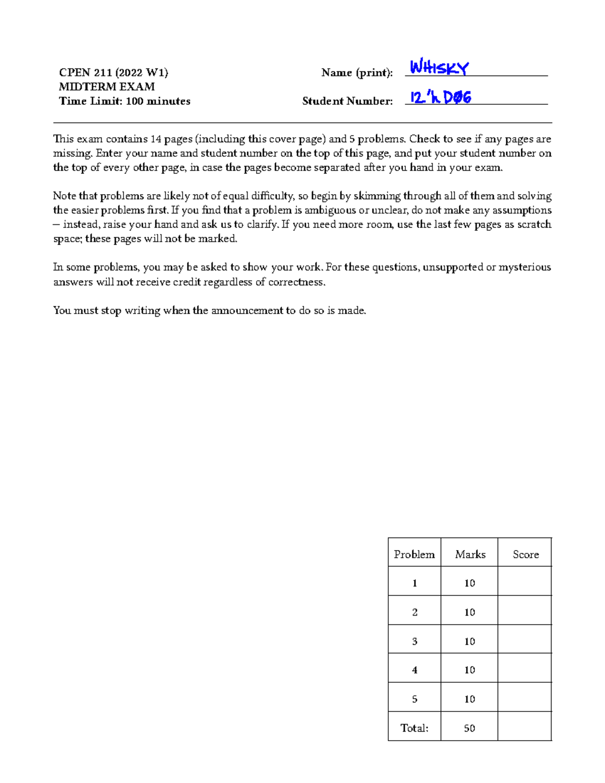 Midterm-soln - midterm exam - CPEN 211 (2022 W1) Name (print): MIDTERM ...