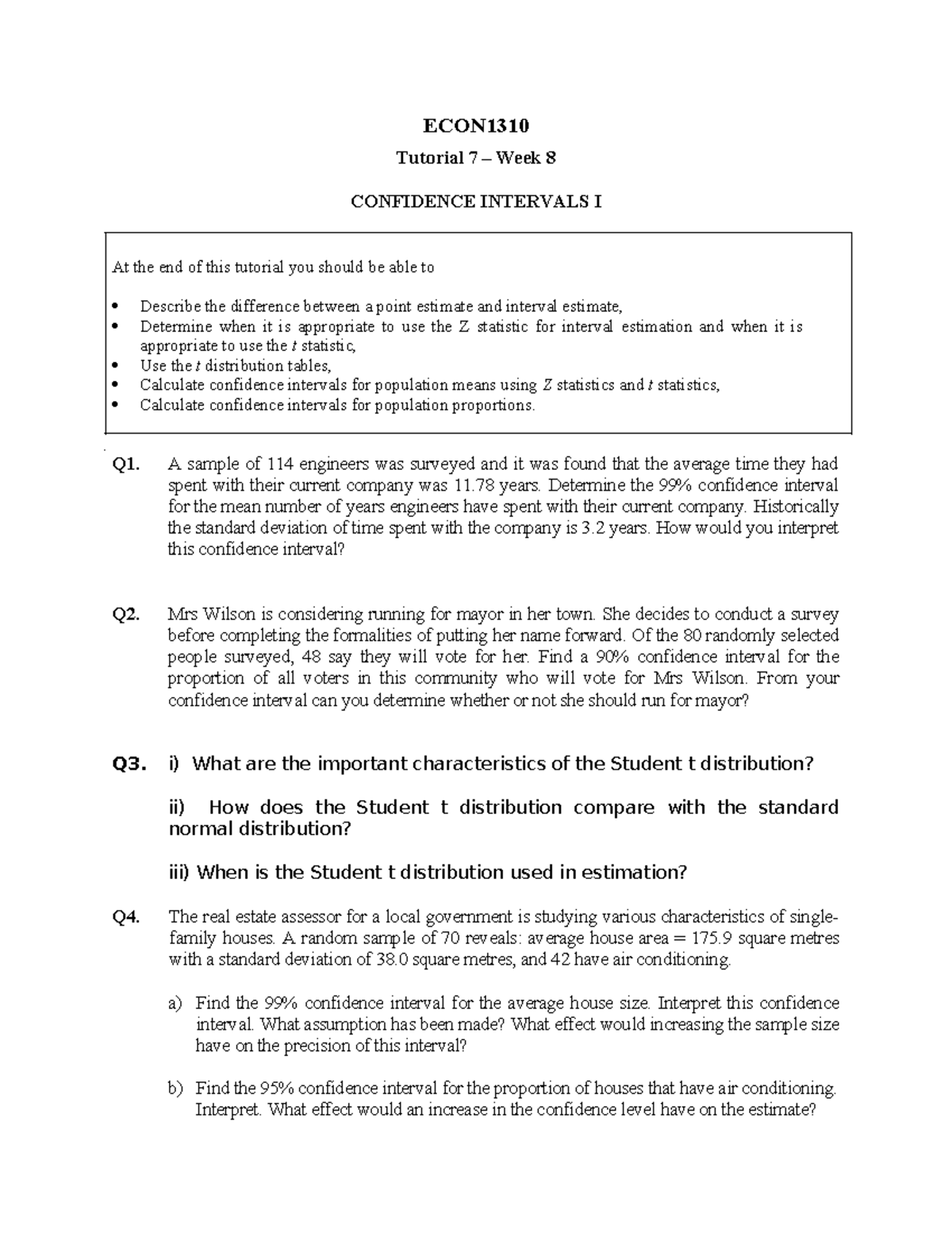 Econ1310 Tutorial 7 Tut 7 Econ Tutorial 7 Week 8 Confidence Intervals I At The End Of This