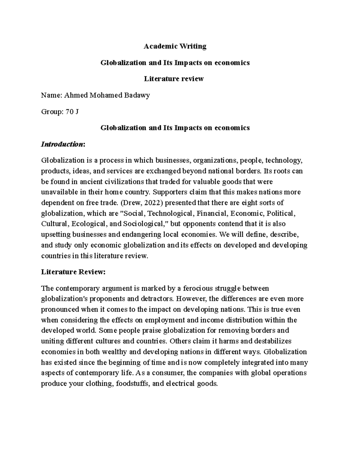 Literature Review Assignment - Academic Writing Globalization and Its ...