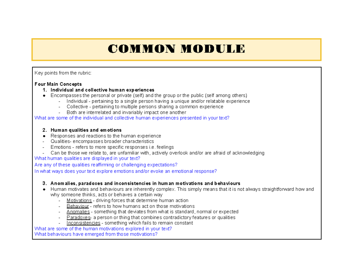 English Notes - COMMON MODULE Key points from the rubric: Four Main ...