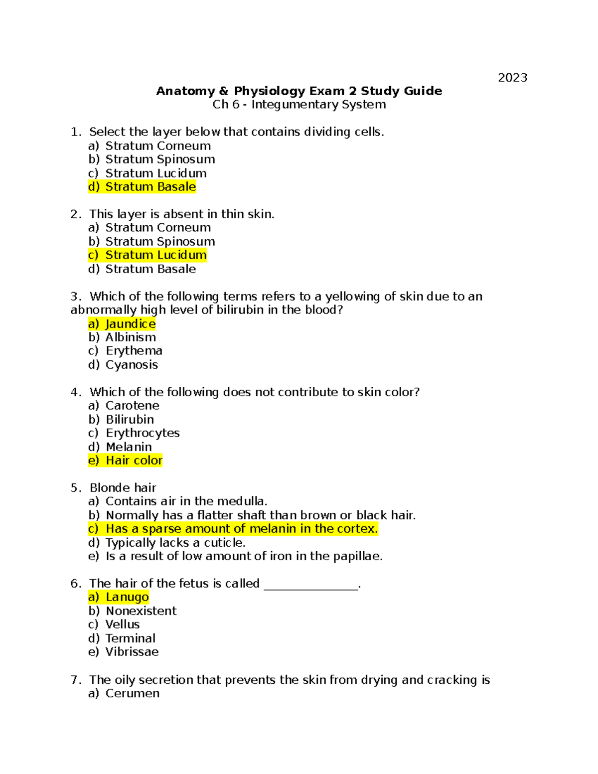 Anatomy & Physiology I Exam 2 Review (CH 6) BSC 2085 MDC 2023 - 2023 ...