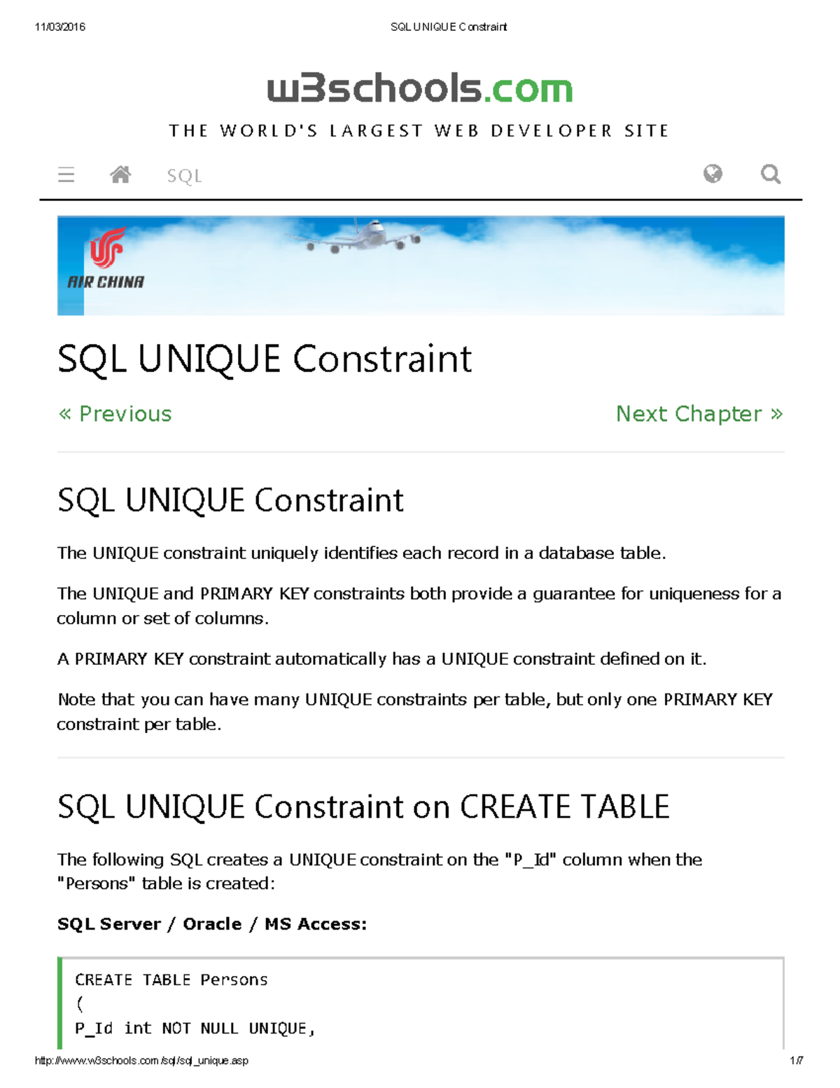 SQL Unique Constraint - Usefull - ####### « Previous Next Chapter » SQL UNIQUE Constraint SQL ...