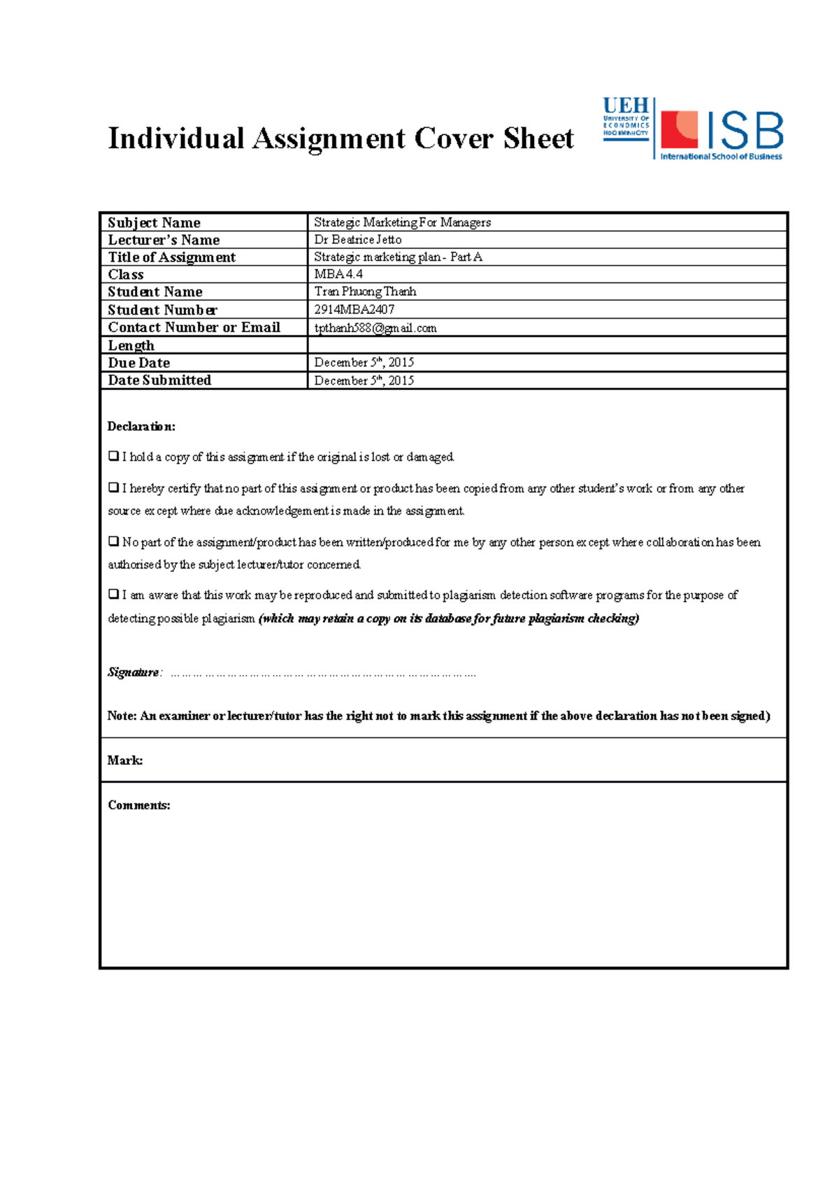 Strategic marketing plan Part A Highland - Individual Assignment Cover Sheet Subject Name ...