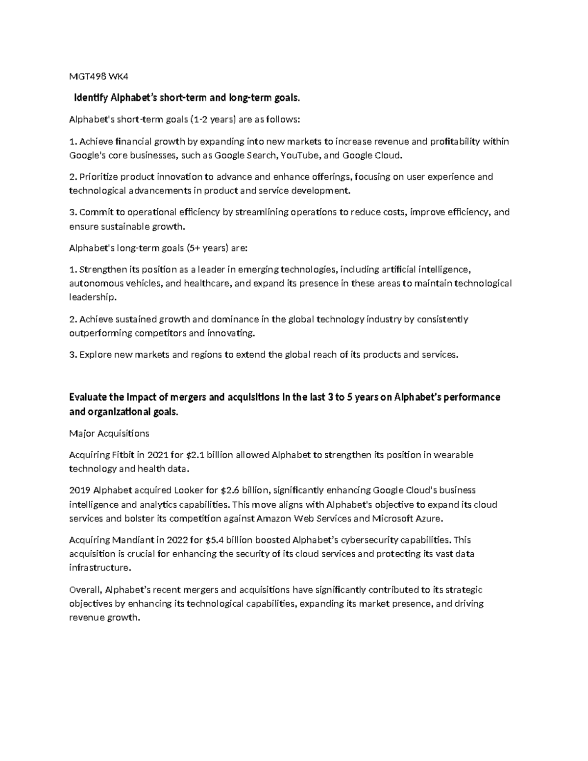 MGT498 WK4 - Identify Alphabet’s short-term and long-term goals ...