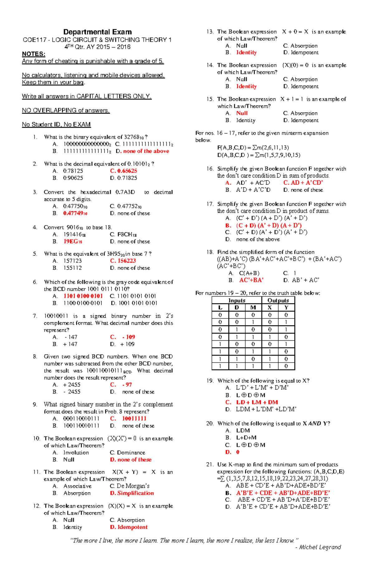 Coe117 Final Exam Q4 2015 2016 Logic Circuits Final Exam Q3 2014 2015