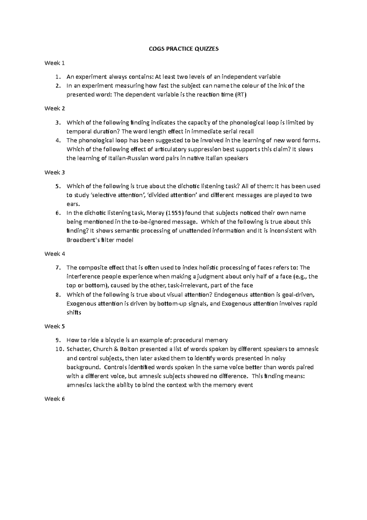 COGS Practice Quizzes - COGS PRACTICE QUIZZES Week 1 An experiment ...