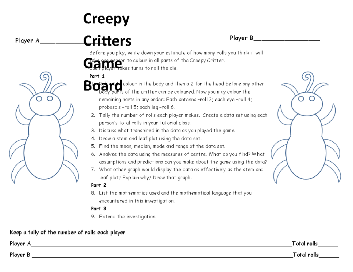 Creepy Critters Investigation - Creepy Critters Game Board Player A ...