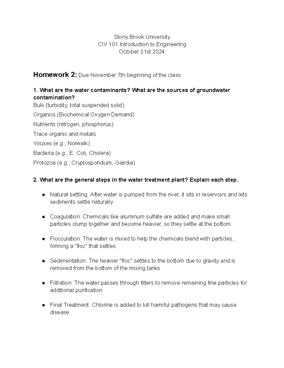 CIV 101 - Homework 2 - water/water waste - Stony Brook University CIV ...