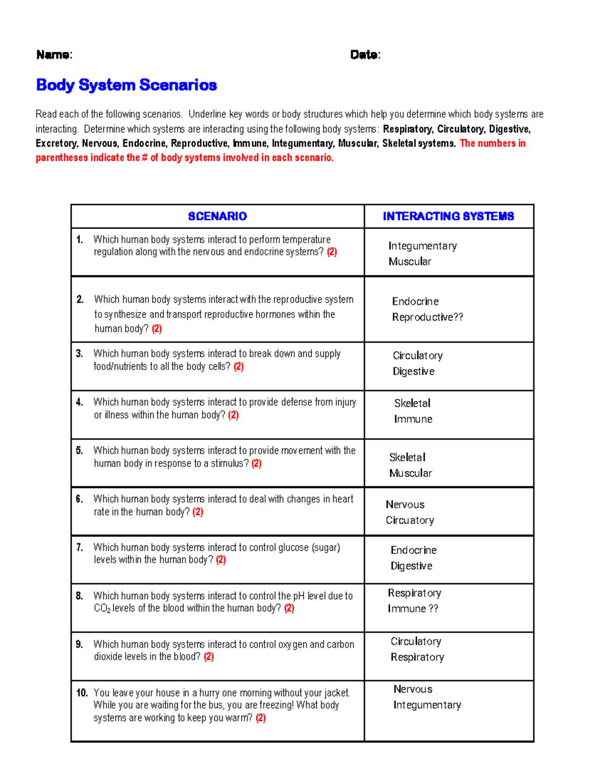 Body System Interaction Scenarios - Name: Date: Body System Scenarios ...