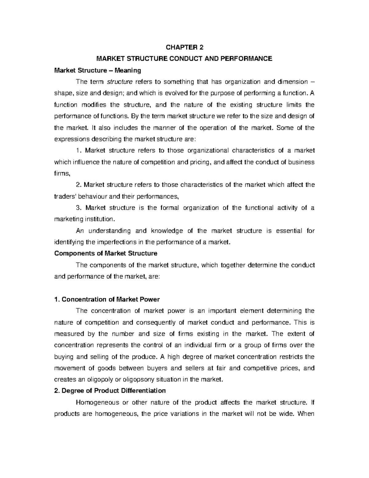 Chapter 2 - MARKETING MANAGEMENT - CHAPTER 2 MARKET STRUCTURE CONDUCT AND PERFORMANCE Market ...
