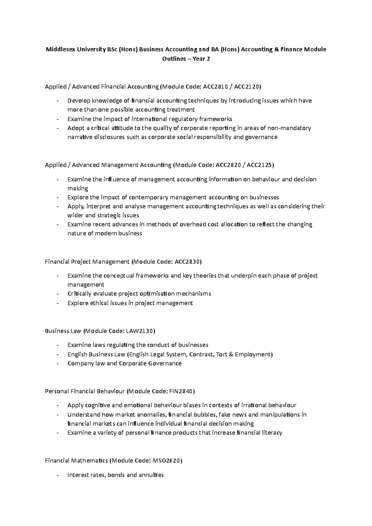 Module Outlines Year 2 - Middlesex University BSc (Hons) Business ...