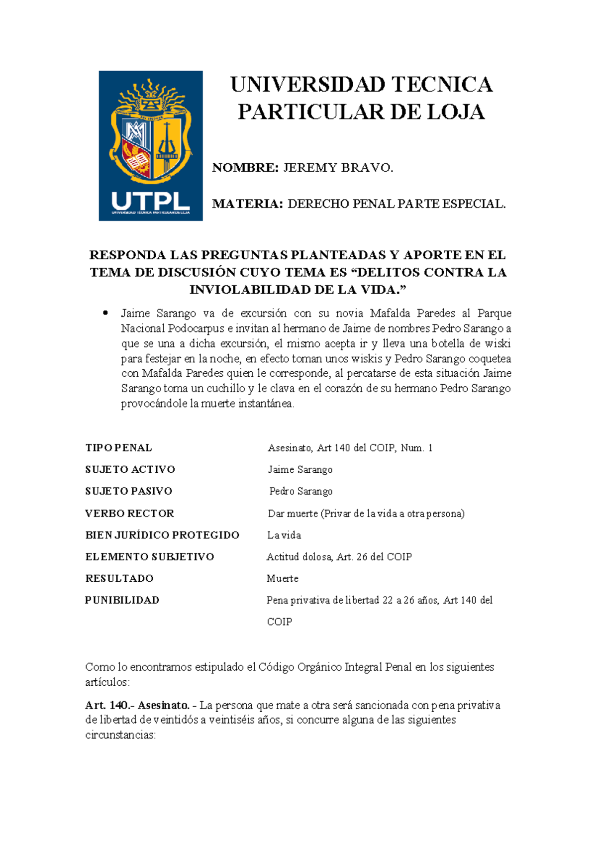 Jeremy Bravo - Derecho Penal Parte Especial - UNIVERSIDAD TECNICA ...