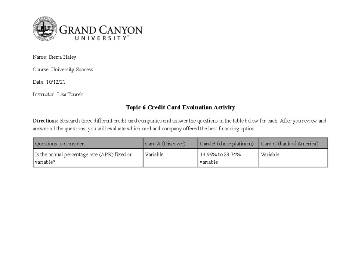 UNV-103 T6 Credit Card Activity - Name: Sierra Haley Course: University ...