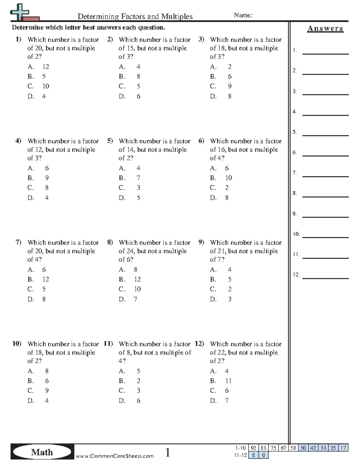 Factors and Multiples - N/A - Math CommonCoreSheets Name: A n s w e r s ...