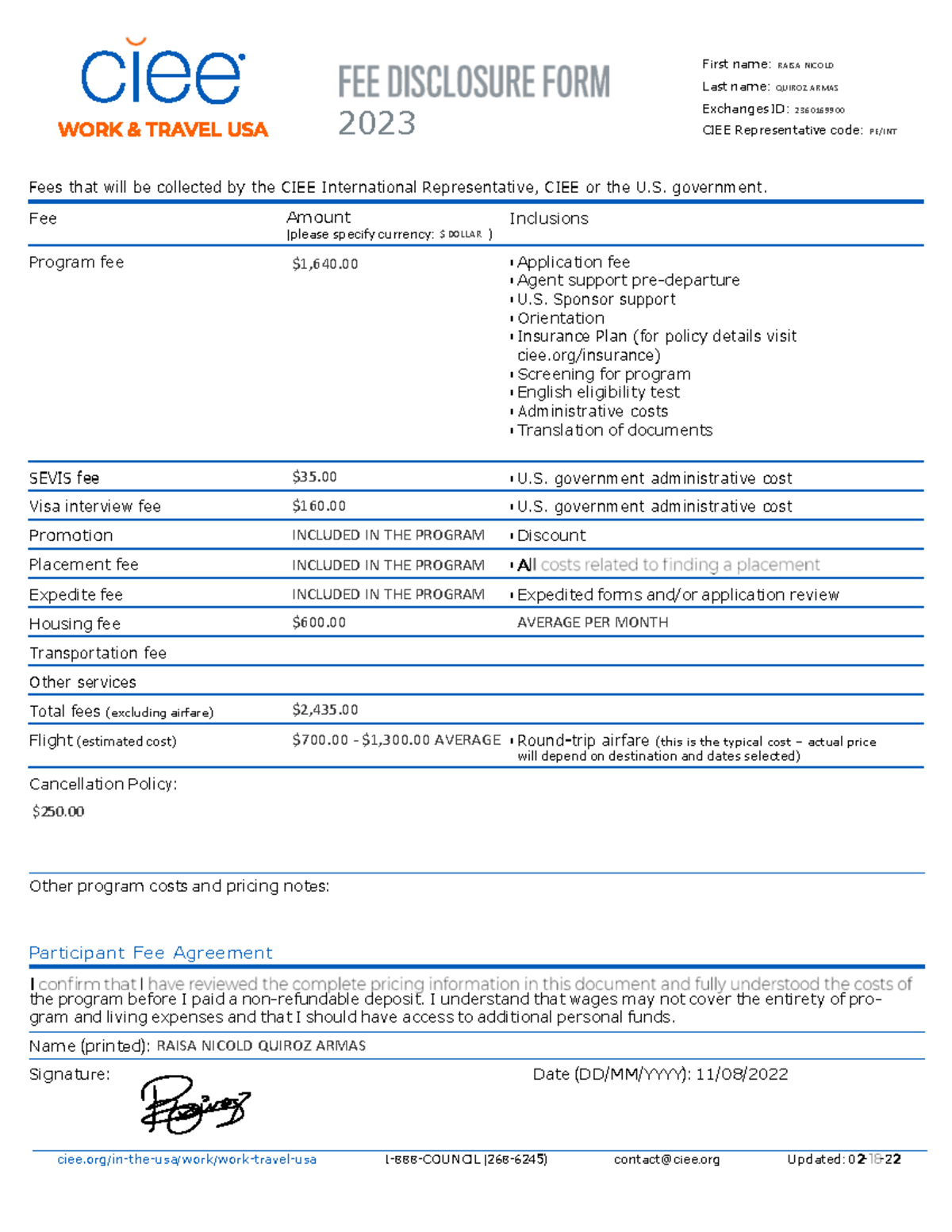 Fee Disclosure - AAAAA - 2023 F i rs t n a m e : RAISA NICOLD L a s t n ...