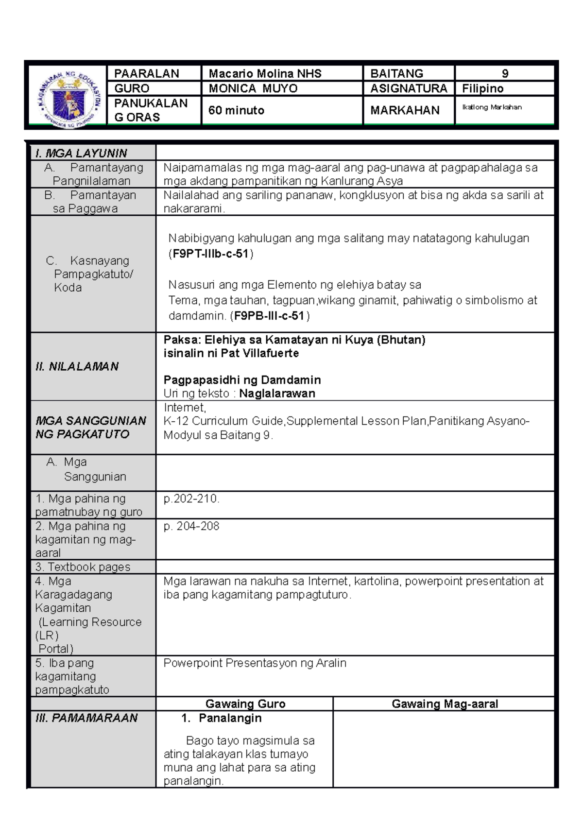 Grade 9 lp - dll - PAARALAN Macario Molina NHS BAITANG 9 GURO MONICA ...