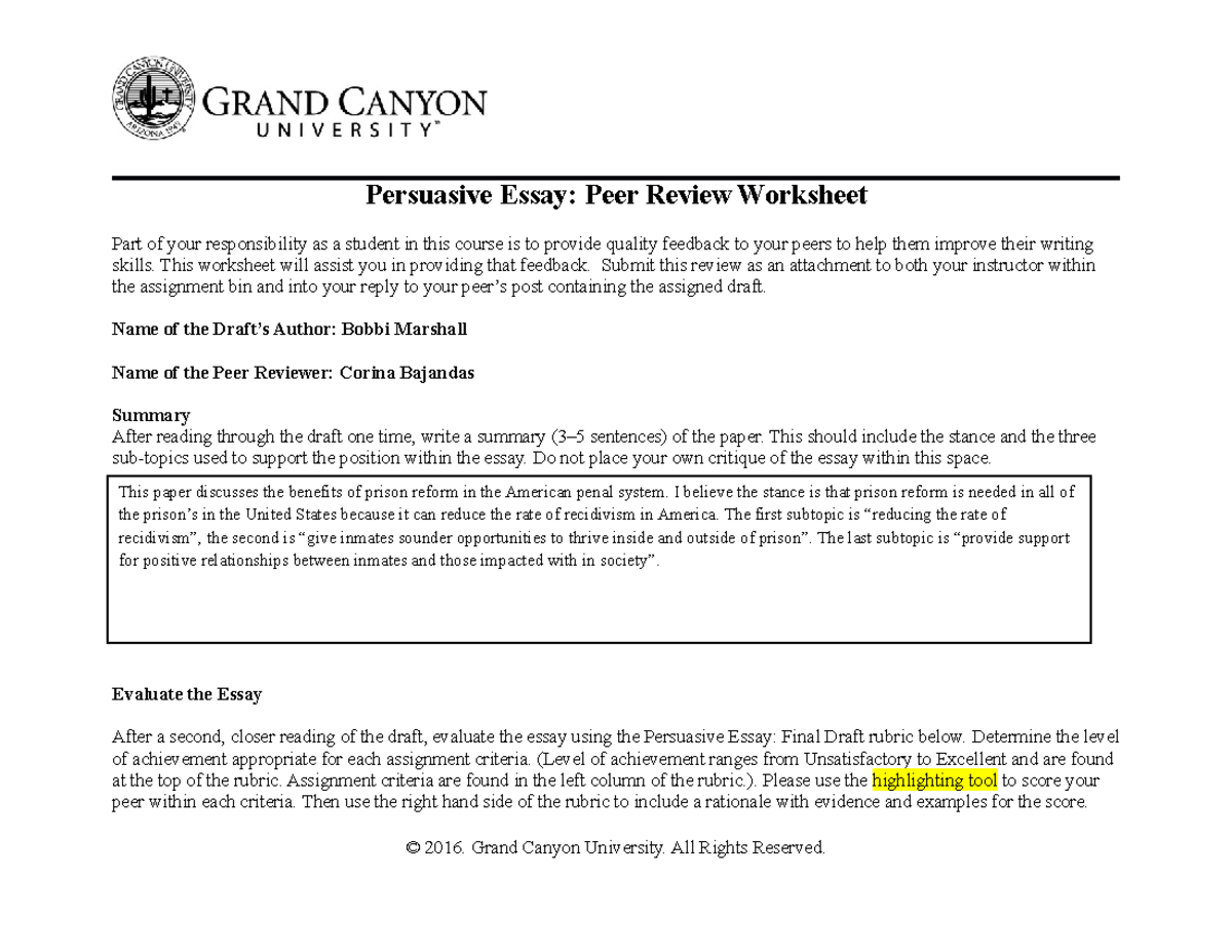 PHI-105 T-6 Persuasive Essay Peer Review Worksheet - Persuasive Essay ...