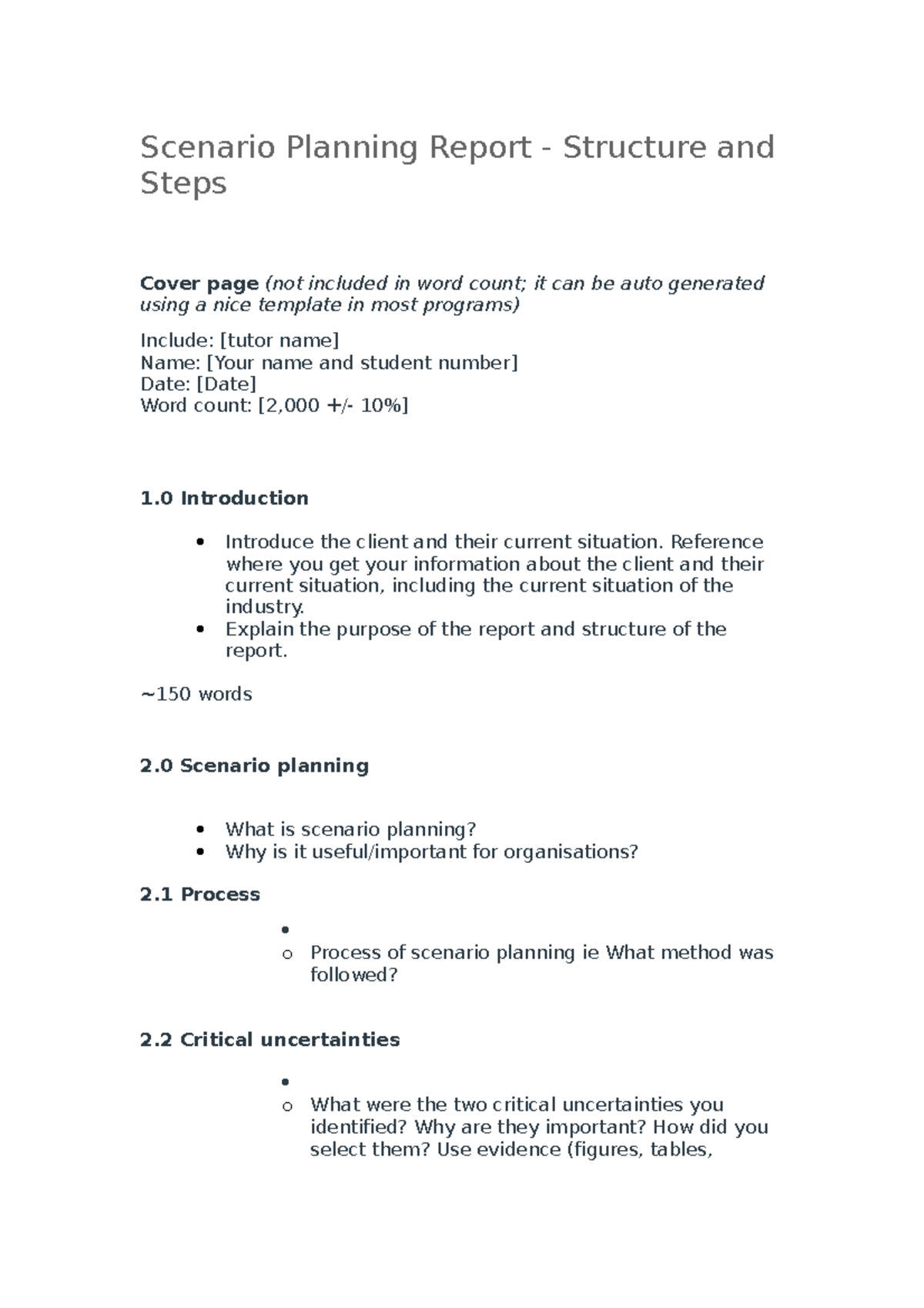Assignment 1 task sheet - Scenario Planning Report - Structure and ...