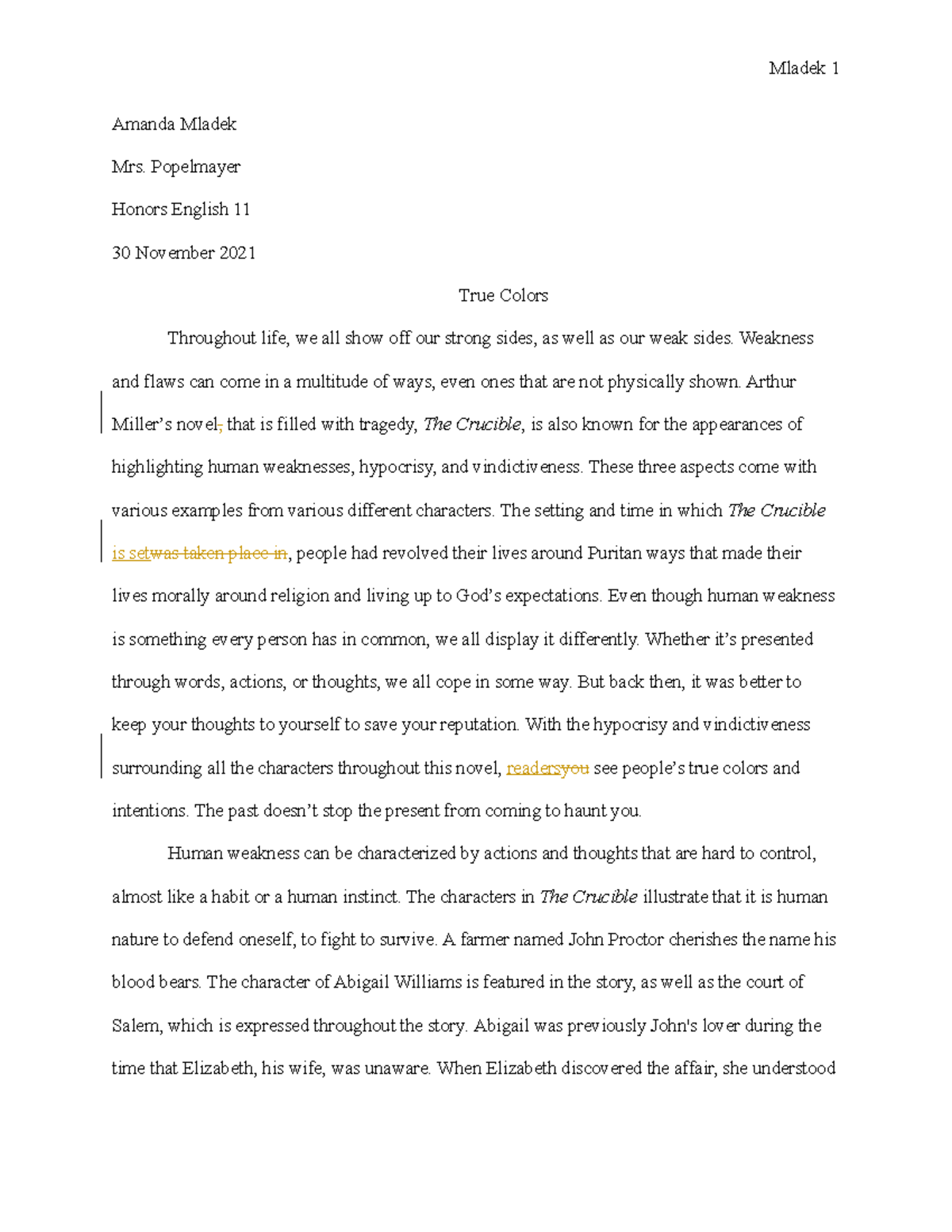The Crucible Literary Analysis Essay - Amanda Mladek Mrs. Popelmayer ...
