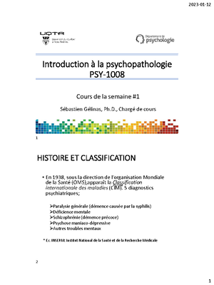 Cours #1 - histoire de la psychologie clinique - PSY‐1008: Introduction ...