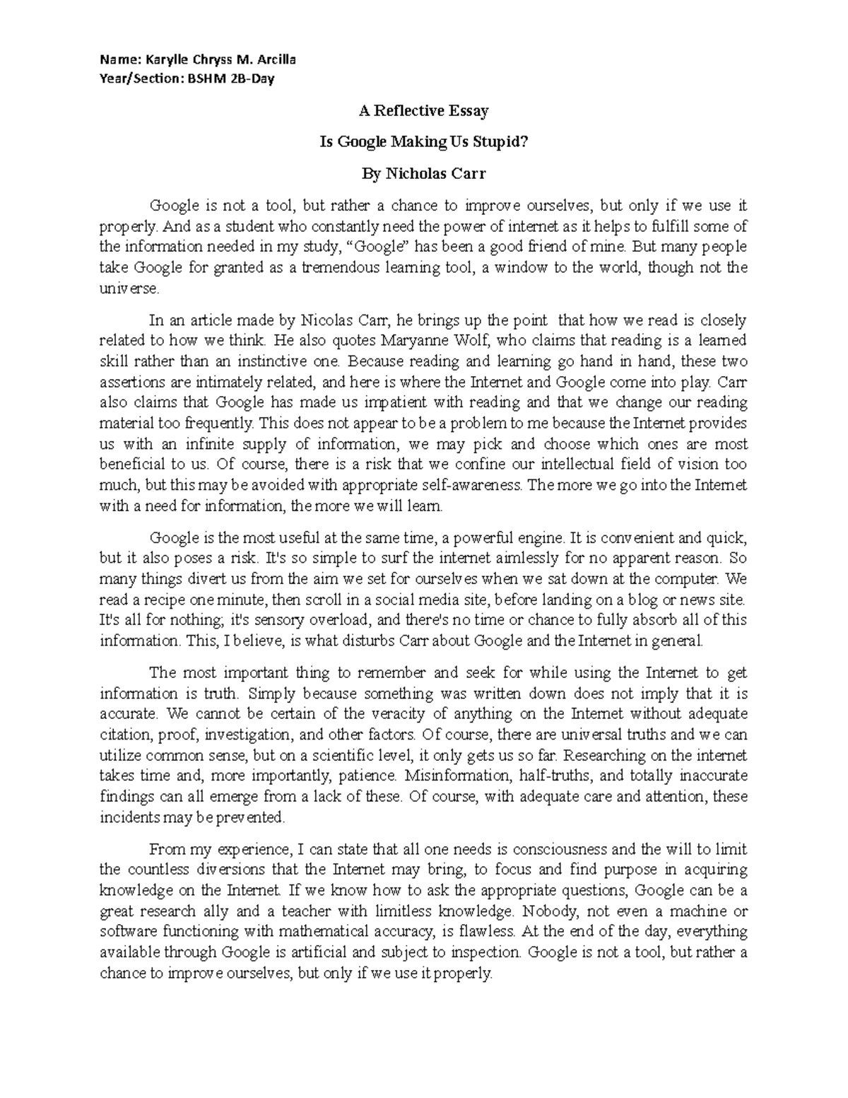 STS - Reflective Essay - reflection - Name: Karylle Chryss M. Arcilla ...