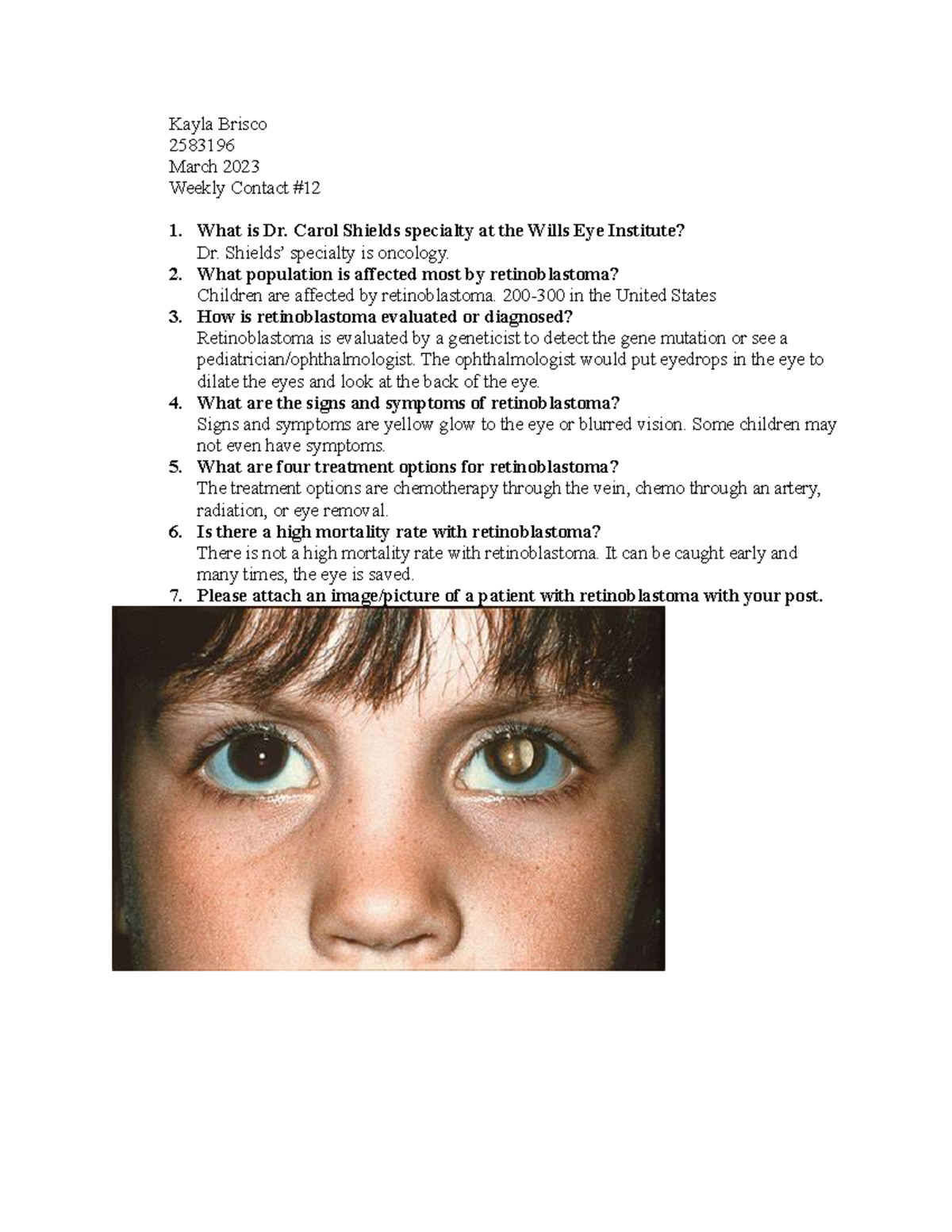 Weekly contact 12 - Kayla Brisco 2583196 March 2023 Weekly Contact ...