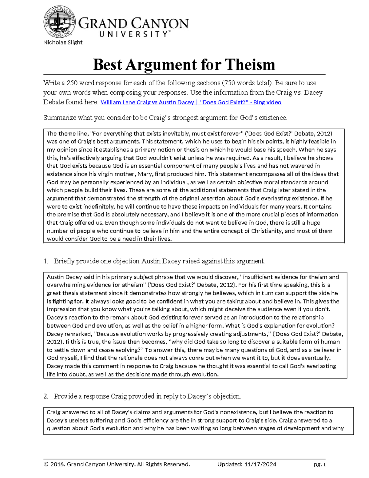 Best Argument for Theism Worksheet Fall 2021 - Nicholas Slight Best ...