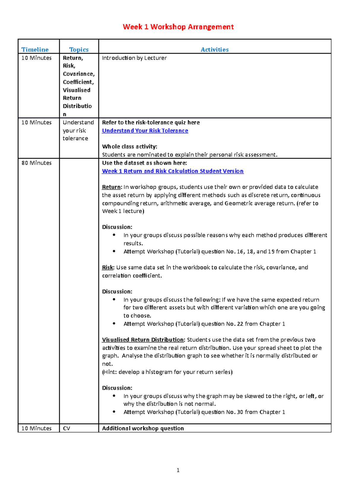 Week 1 Workshop Timeline and Arrangement - Week 1 Workshop Arrangement ...