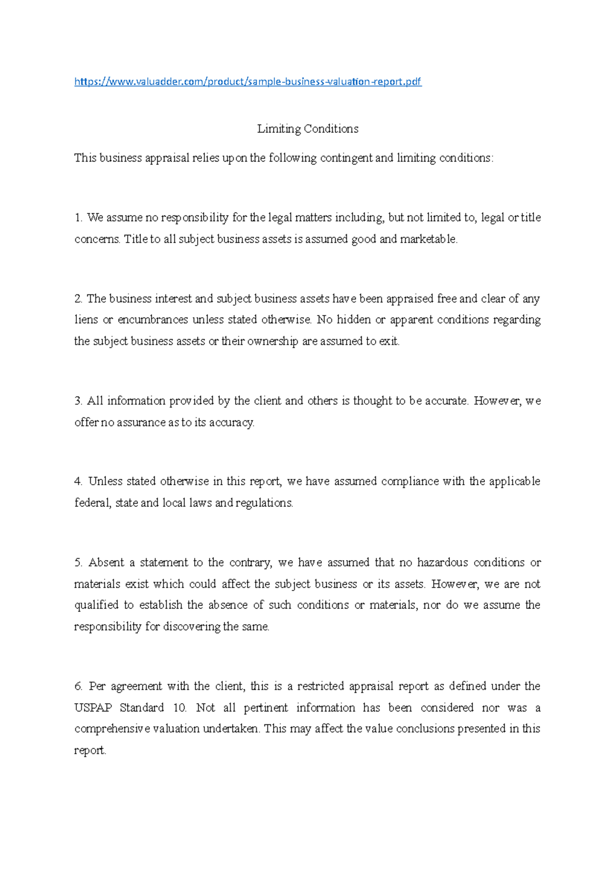 Limiting condition - valuadder/product/sample-business-valuation-report ...